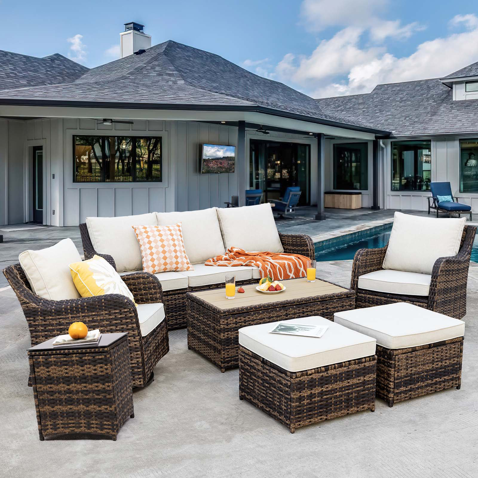 Lark Manor™ 7 Piece Outdoor Rattan Patio Furniture Set, Wicker Patio ...