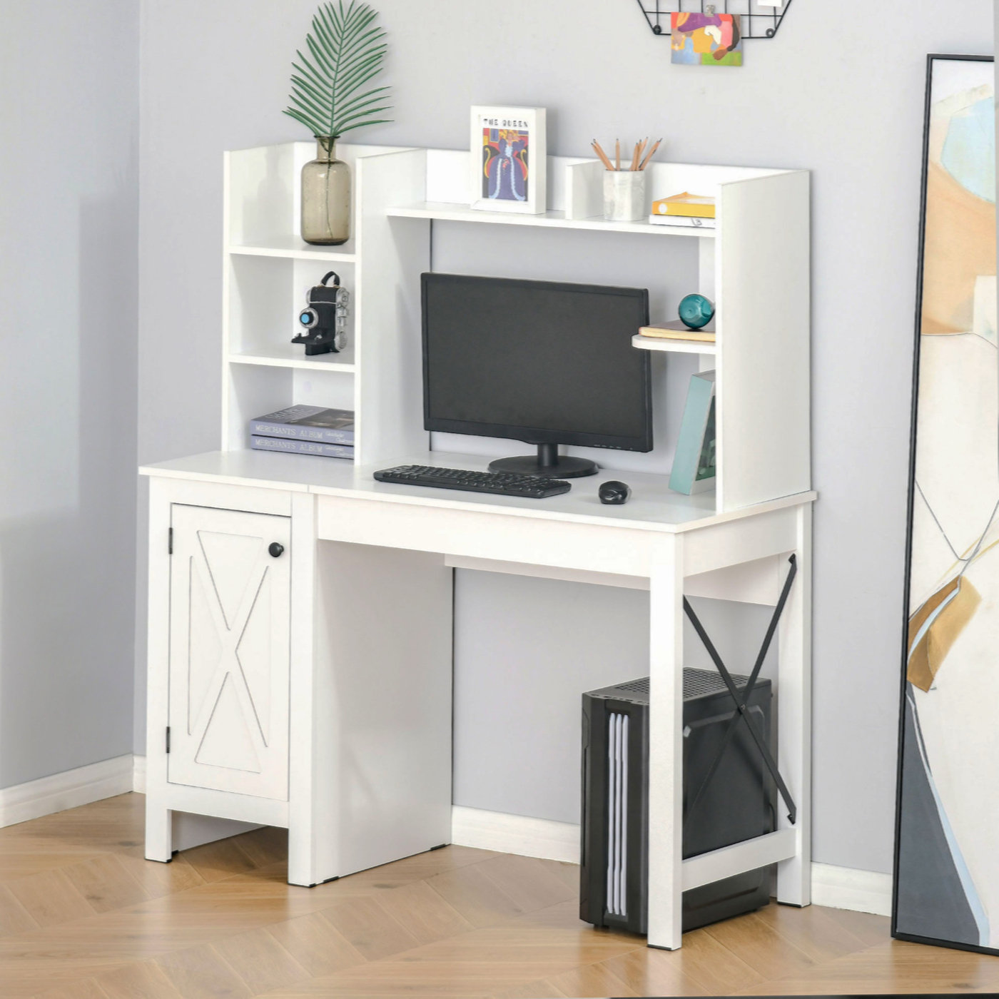 Gracie Oaks Farmhouse Computer Desk With Hutch And Cabinet, Office Desk ...