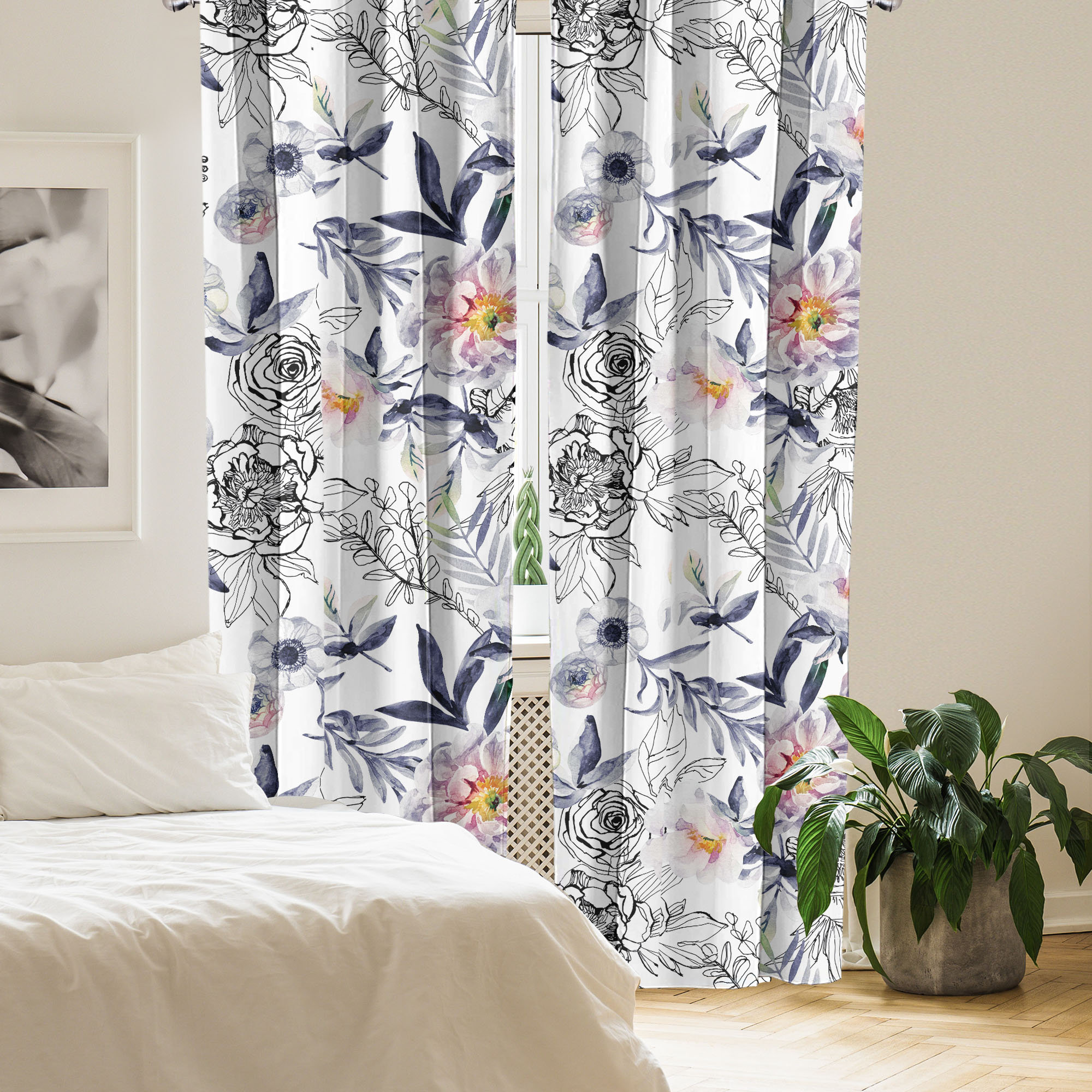 East Urban Home Spring Curtains Roses Peonies Anemones Art Pair of Dark ...