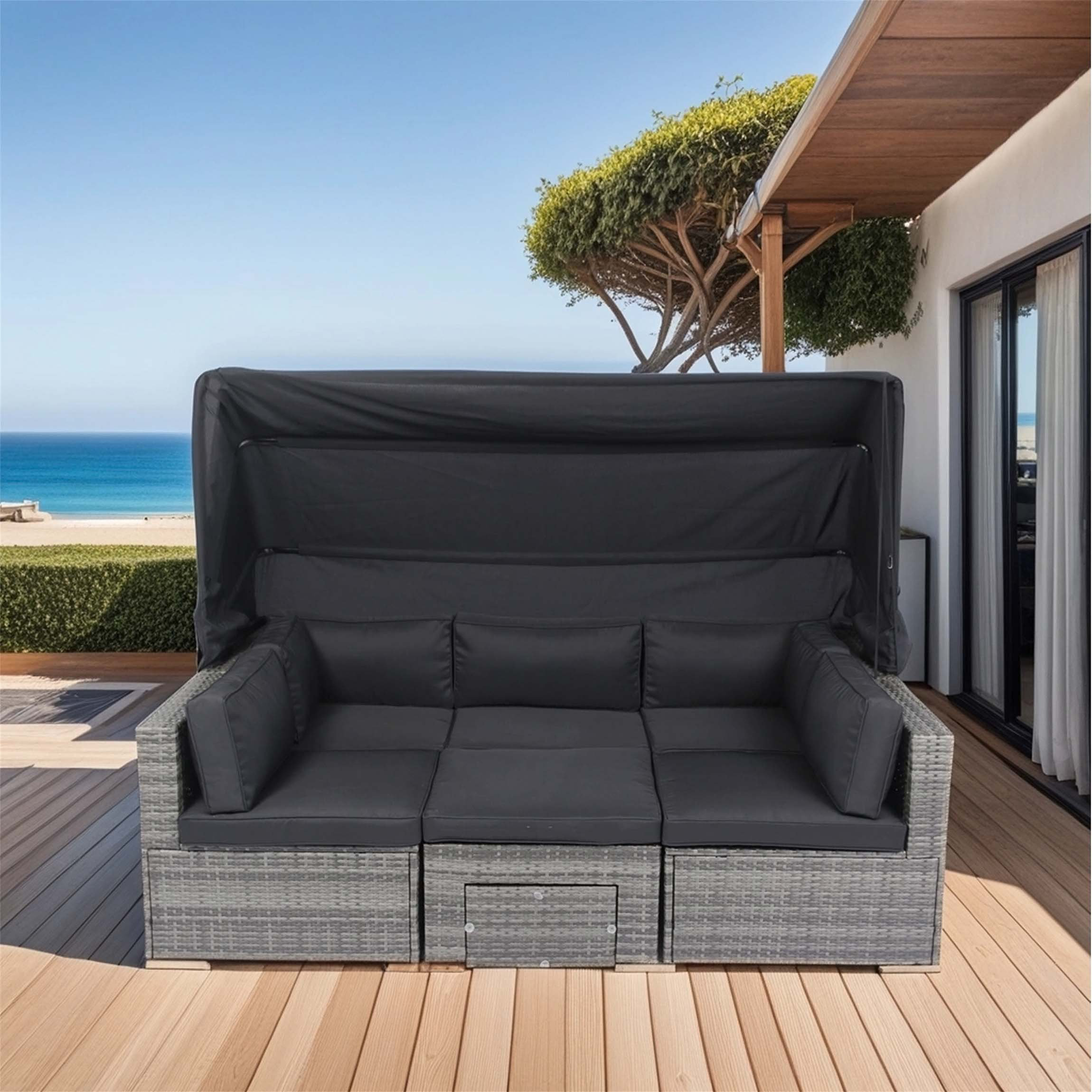 Latitude Run® 7-Piece Patio Furniture Set W/Retractable Canopy Wicker ...