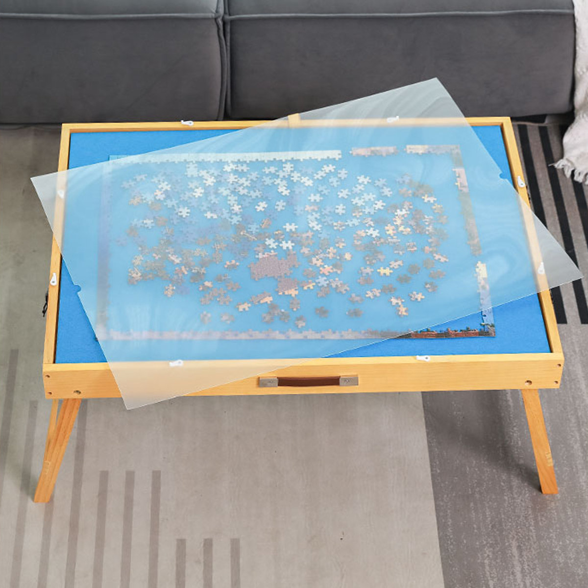 HUOMU 35.43" Blue+Brown Rectangular Solid Wood+Felt Game Table ...