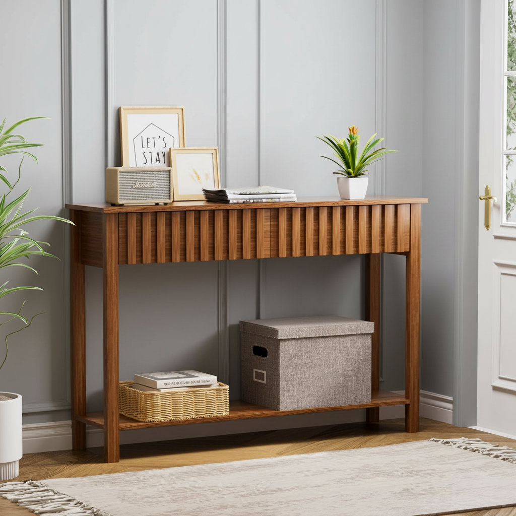 17 Stories Walnut Medieval Foyer Table With Double Recessed Drawer ...