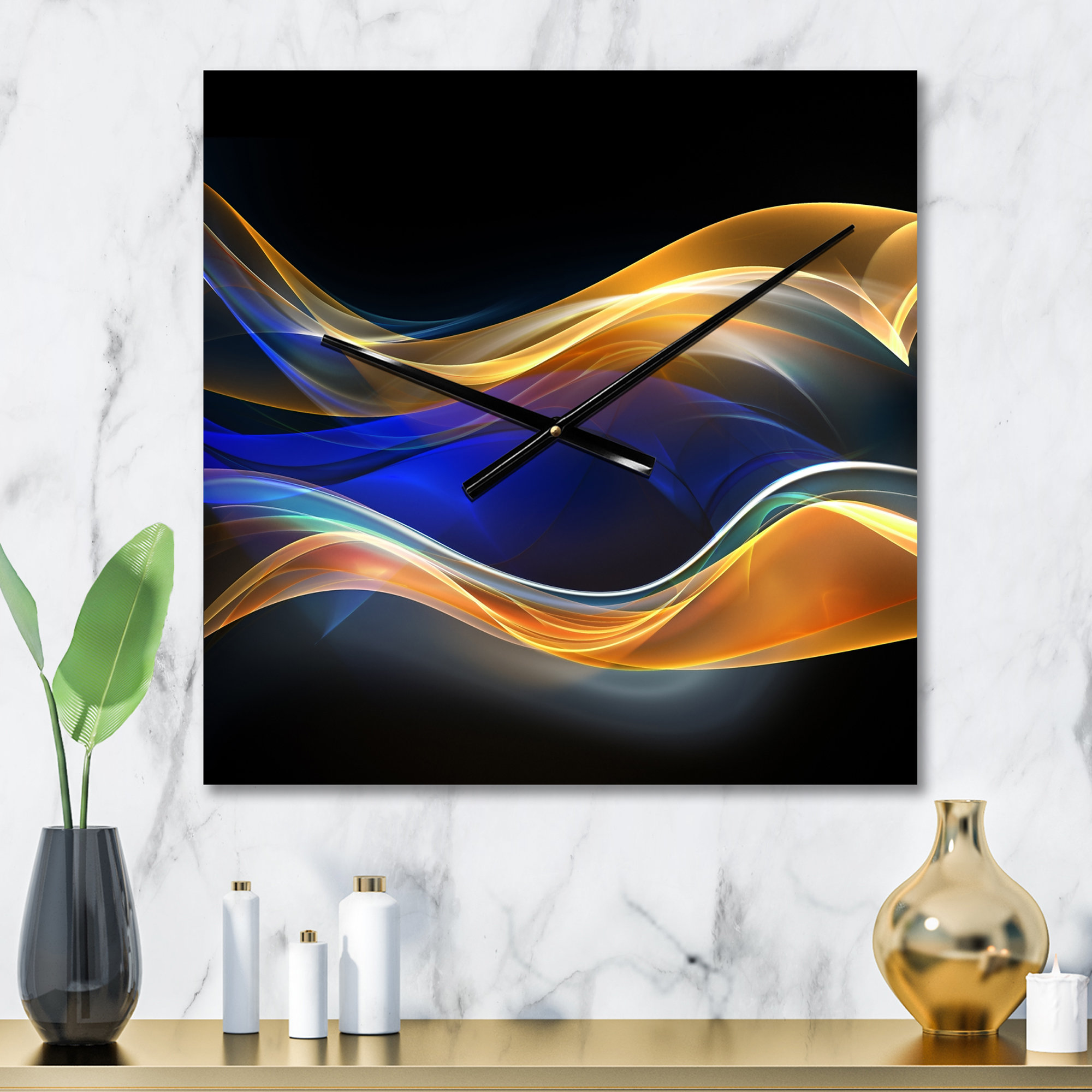 East Urban Home 3D Gold Blue Wave Design - Modern Wall Clock | Wayfair