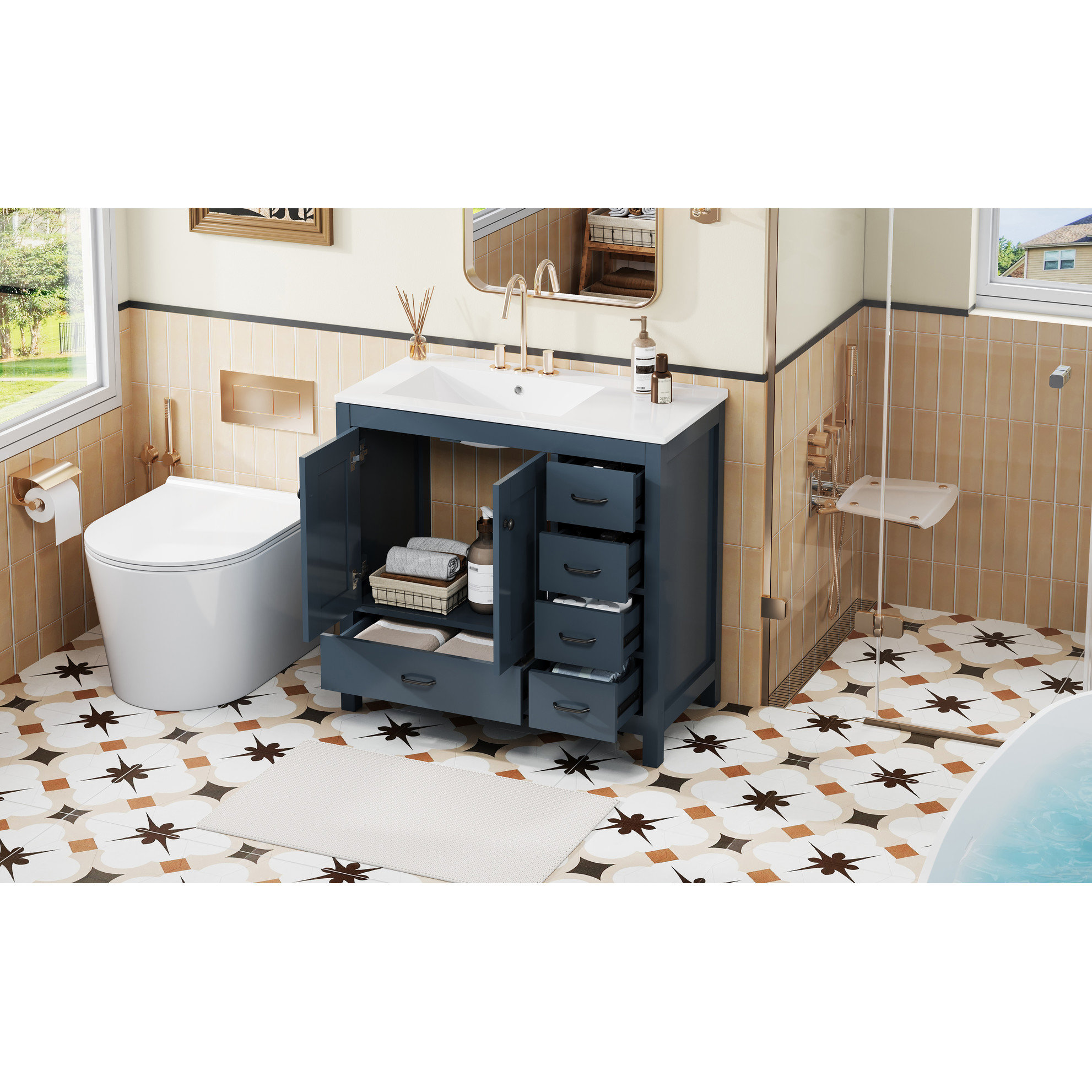 Ebern Designs 36-Inch Bathroom Vanity Featuring Ceramic Sink, 5 Drawers ...