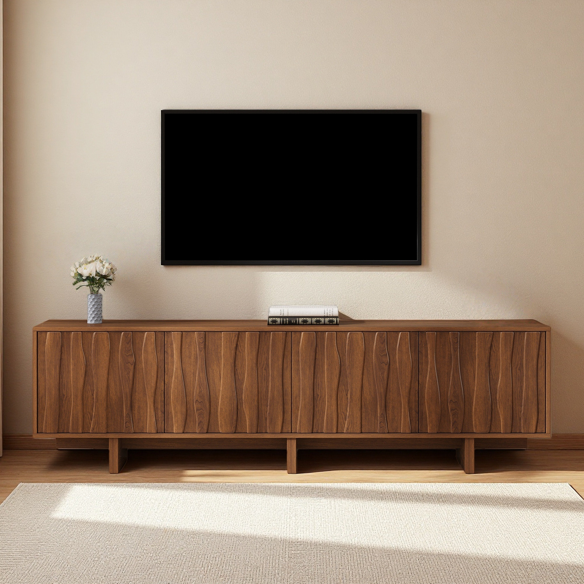 George Oliver 70" Mid Century Modern Tv Stands, Wavy Door Wood Media ...