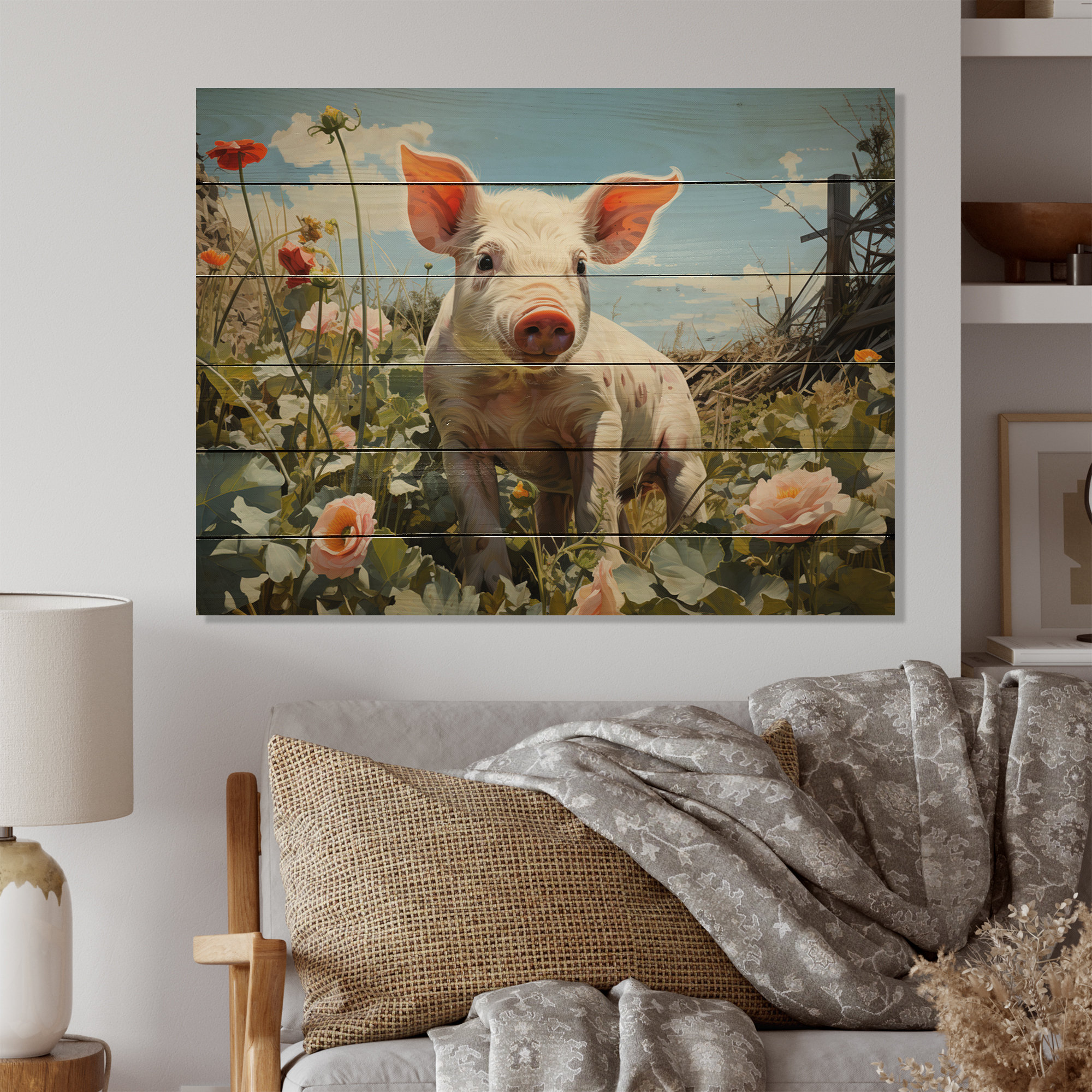 Rosalind Wheeler Cute Pig Playing In Flowers I On Wood Print | Wayfair