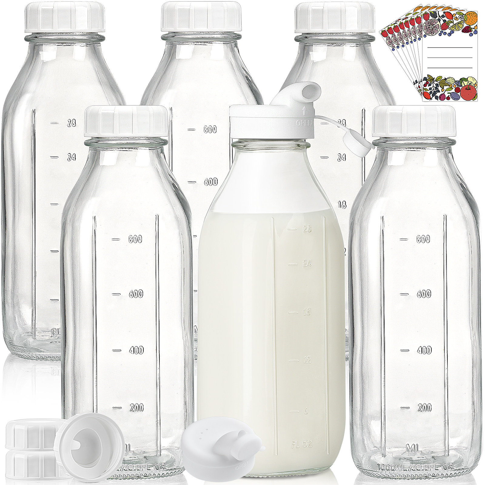 syntic 6 Pack 32 oz Syntic Glass Milk Bottle Containers with Pour Spout ...