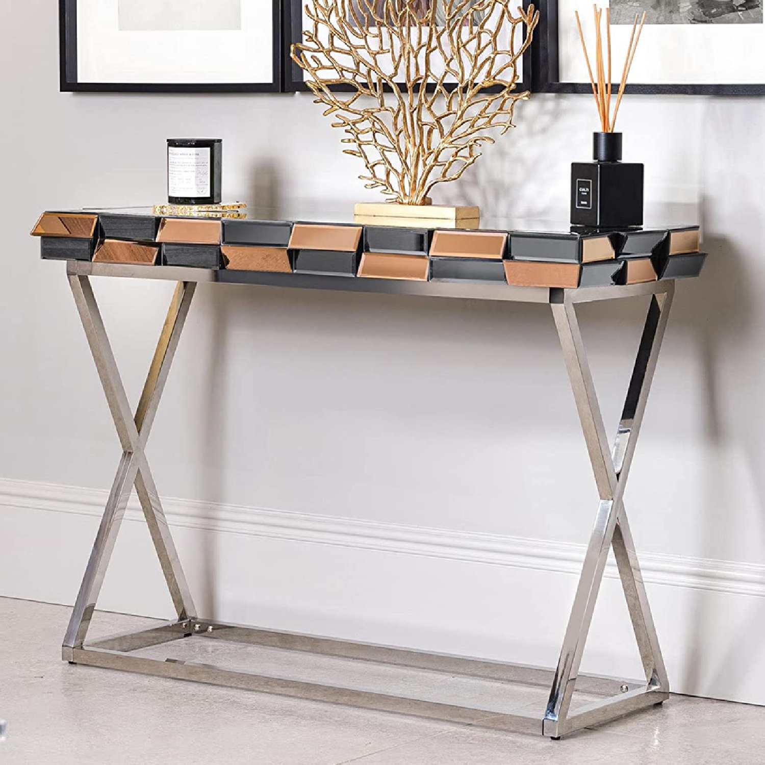 Ivy Bronx Averlie 43.3'' Mirrored Glass Writing Desk with X Shaped Legs ...