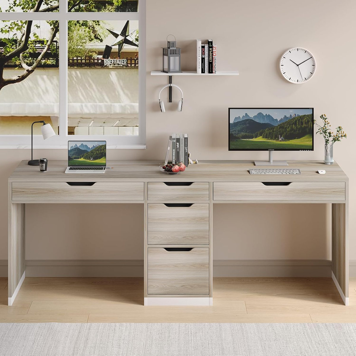 Latitude Run® 78 Inch Two Person Desk with Drawers, Double Computer ...