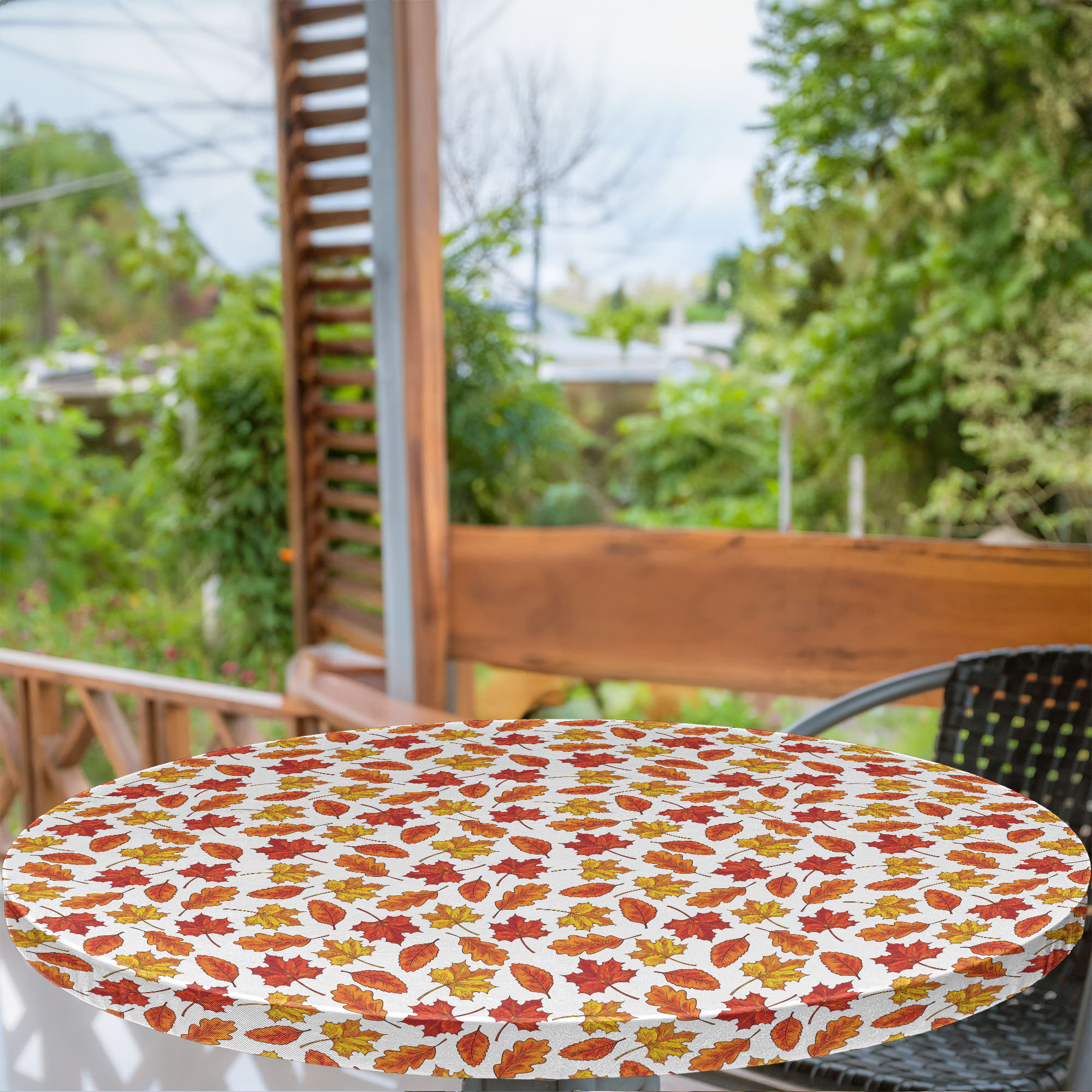 Mercer41 Maple Leaf Fitted Round Tablecloth White Burgundy Yellow | Wayfair