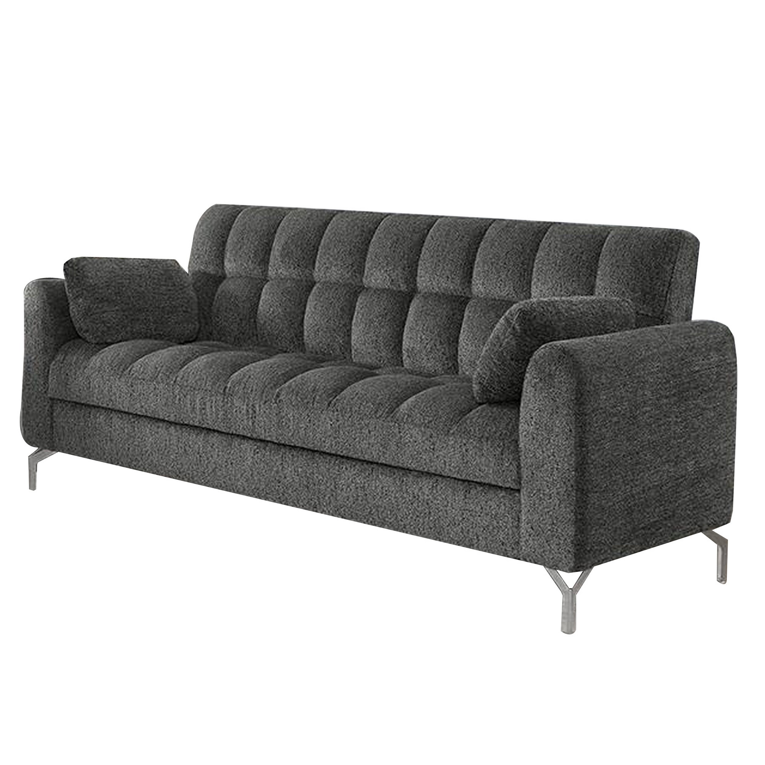 Benjara Lupe 74 Inch Sofa, Biscuit Tufted, Chrome Legs, Chenille, Dark ...
