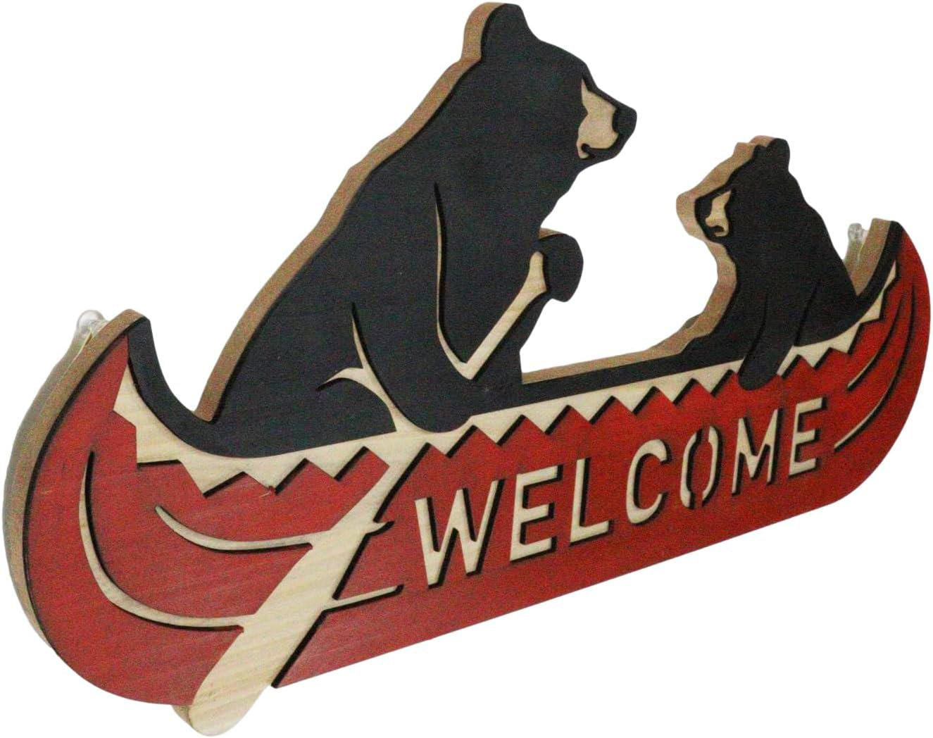 Trinx Rustic Father Bear With Cub Rowing Red Canoe Boat Welcome MDF ...