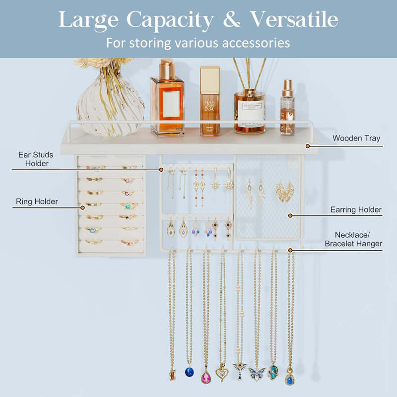 Latitude Run® Wall Mounted Hanging Jewelry Organizer With Wood Shelf ...