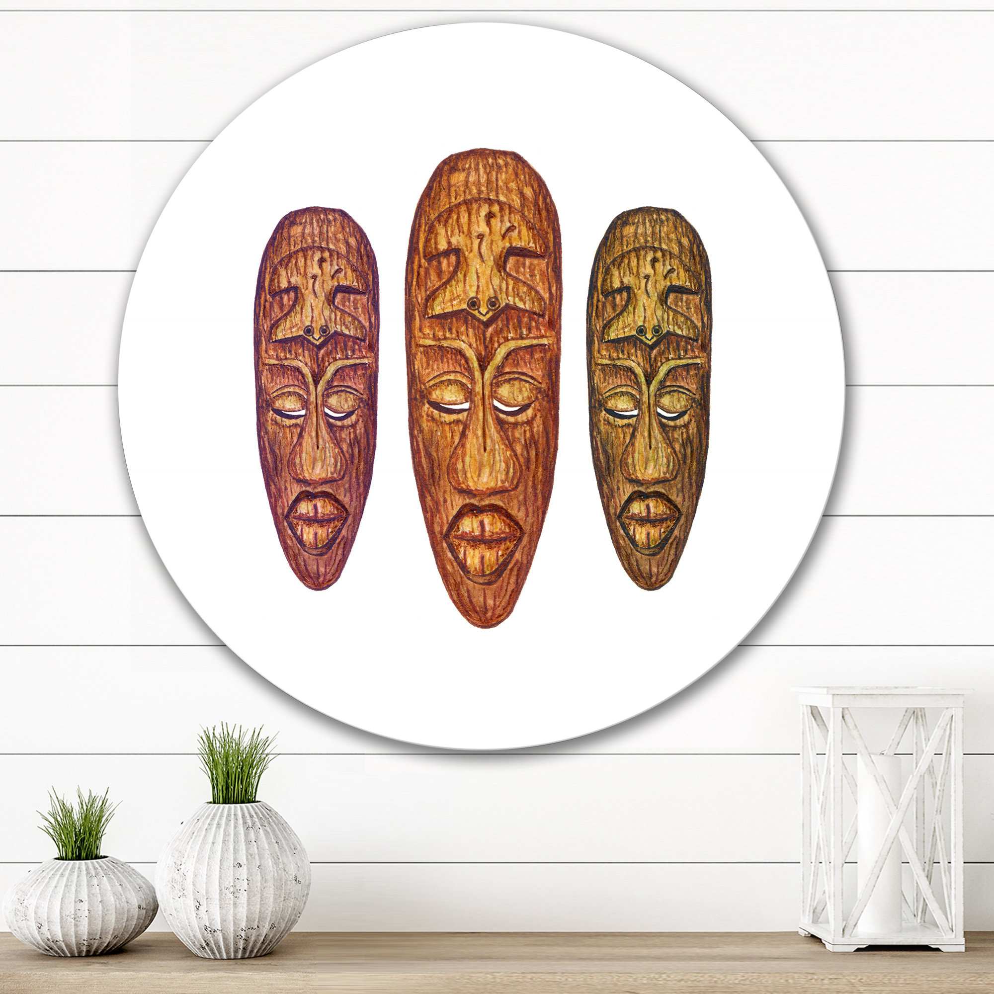 Bungalow Rose Three Wooden Tribal Masks - Vintage Metal Circle Wall Art ...