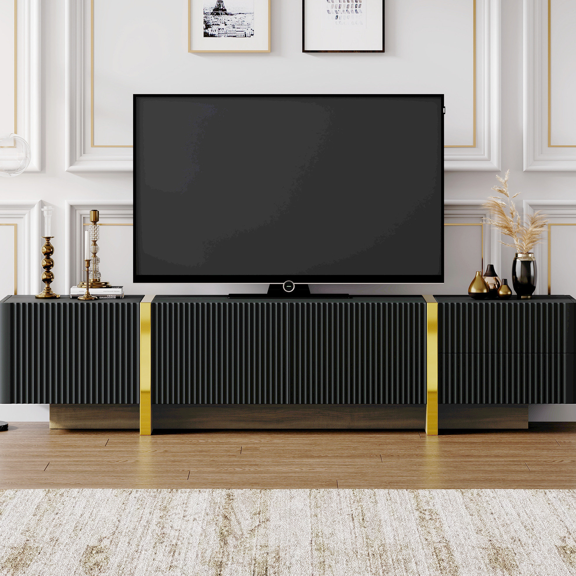 Mercer41 Modern Fluted Entertainment Center For 80" Tv: With Golden ...