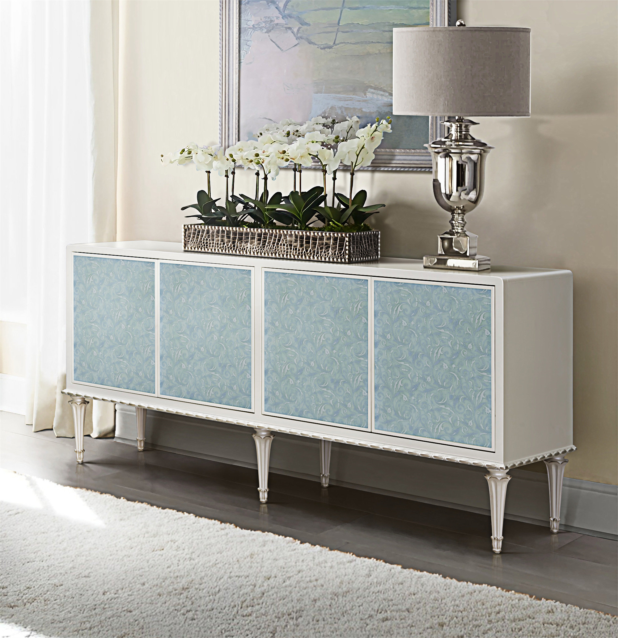 Rosdorf Park Ansaldo Pearl White & Silver Shimmer Finish Console Cabinet | Wayfair