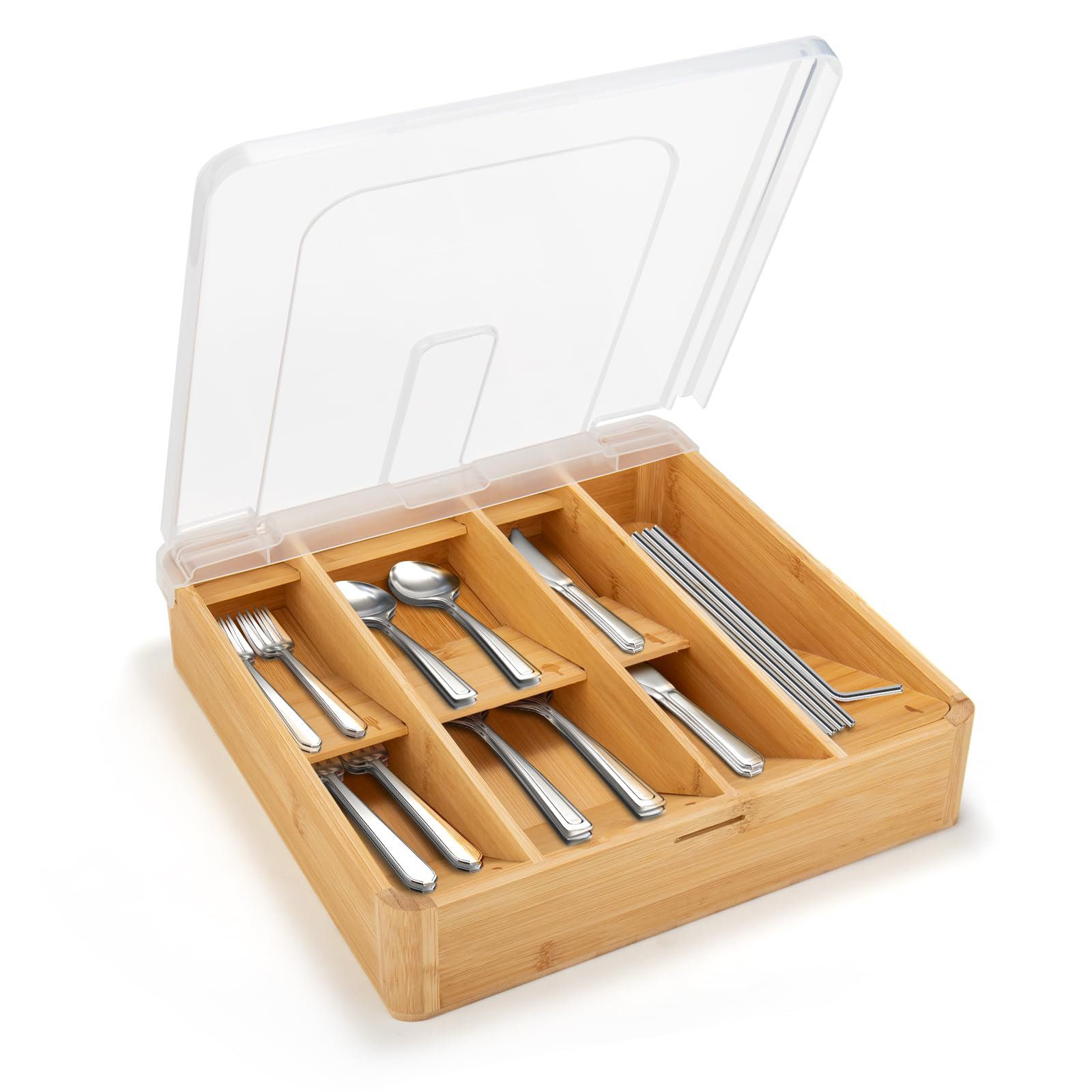 Hokku Designs Bamboo Silverware Tray With Lid, 7 Compartments Compact ...