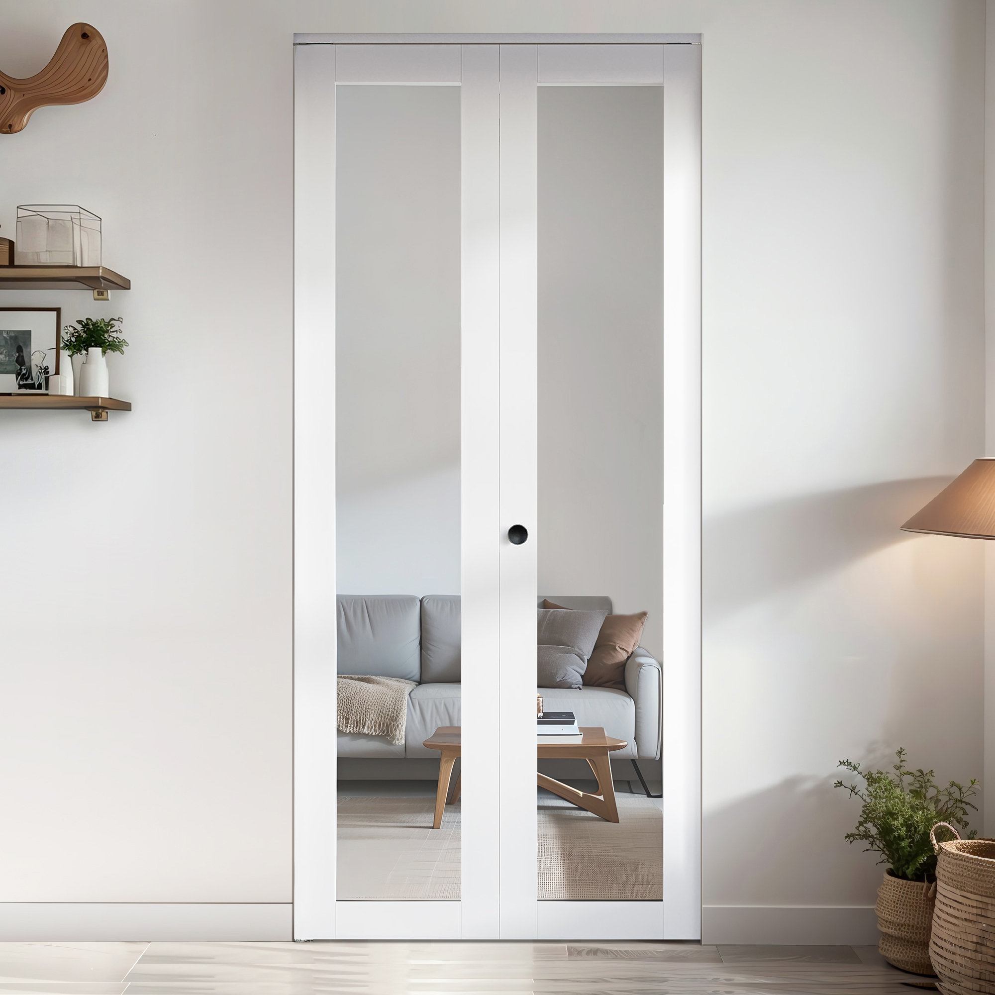 DoorFusion 3-Lite Mirrored Glass and Solid Manufactured Wood Bi-Fold ...