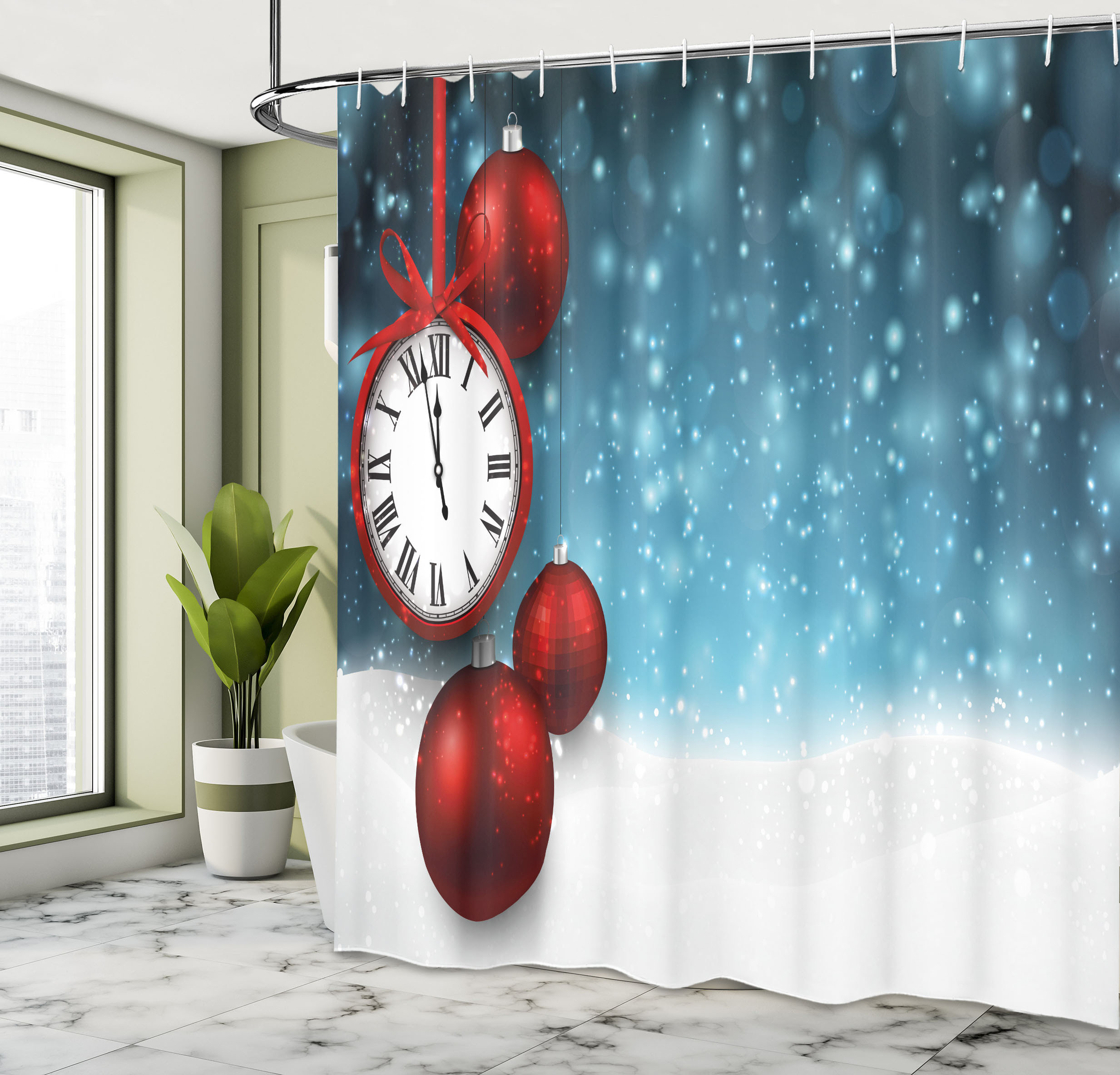 The Holiday Aisle® Clock Shower Curtain Vintage New Year Balls Red and ...