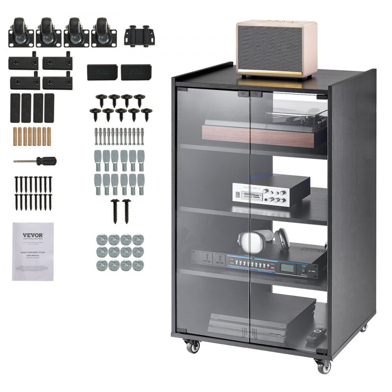 Ebern Designs 5-Tier AV Media Stand with Wheels, Wooden Audio-Video ...