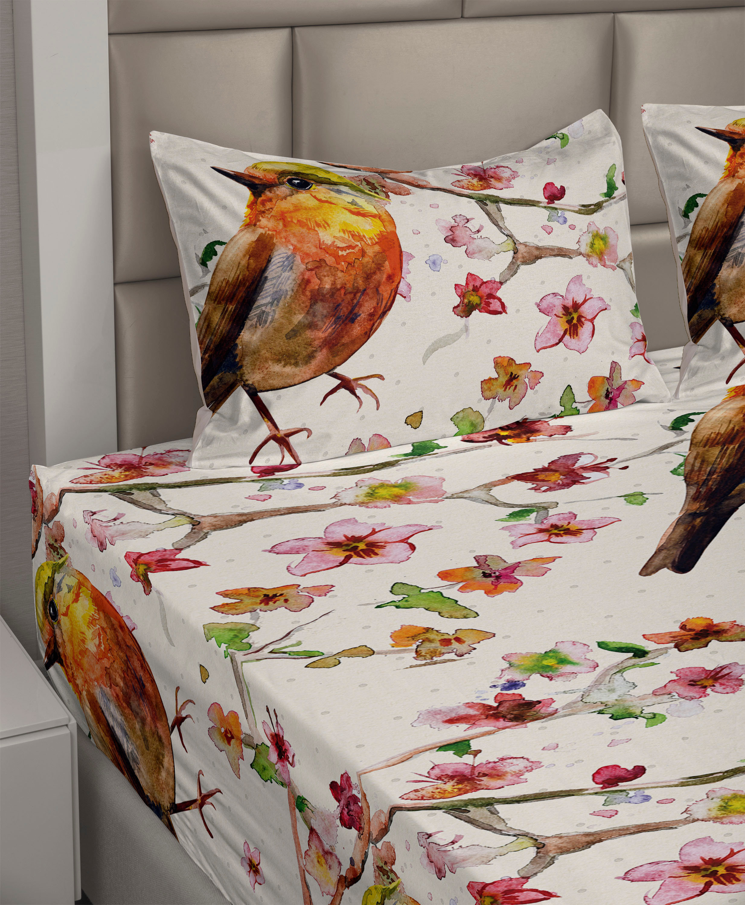 Ambesonne Birds and Nature Sheet Set Japanese Sparrow Vermilion Pale ...