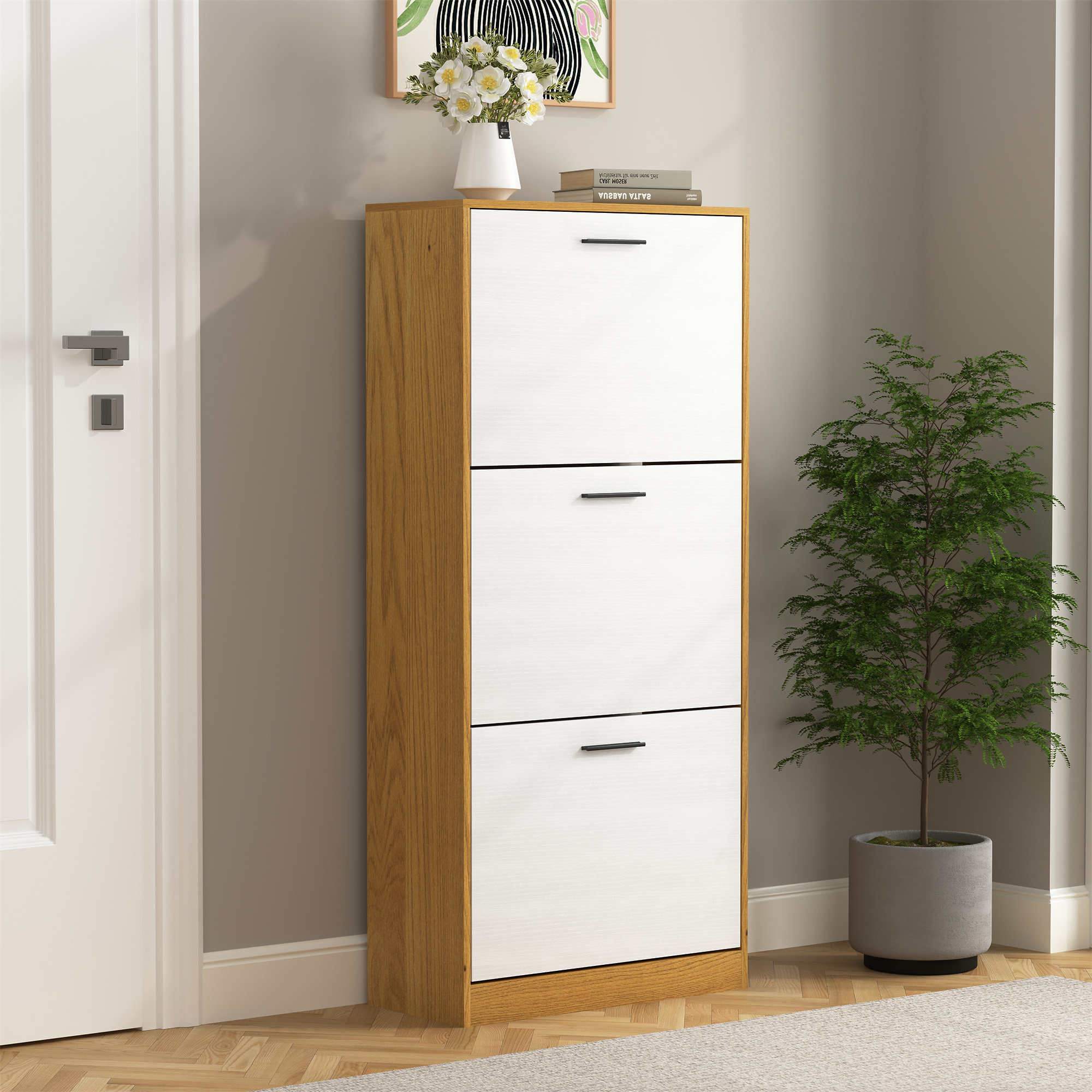 17 Stories Shoe Storage Cabinet With 3 White Panel Flip Drawers ...