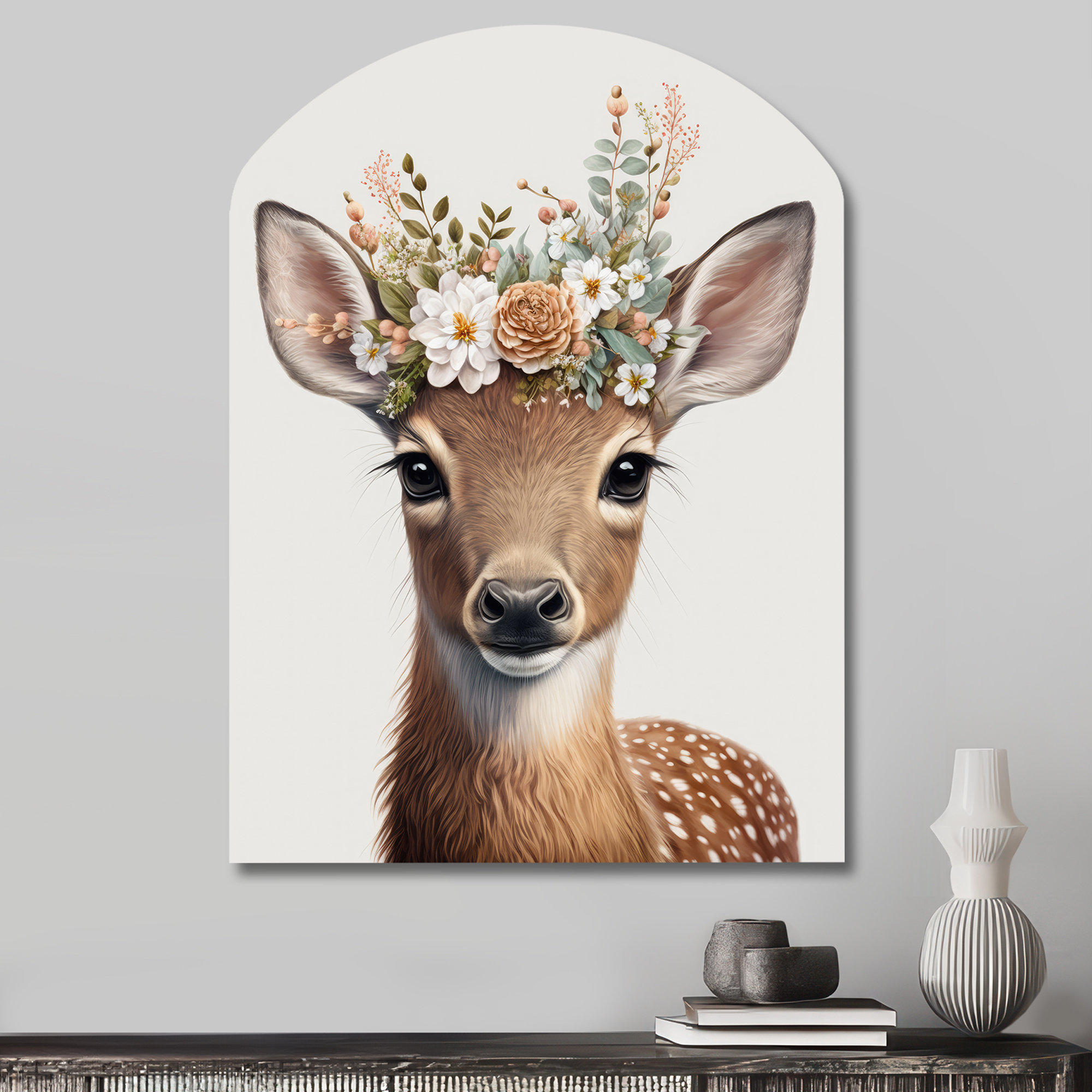 Zoomie Kids Cute Baby Deer With Floral Crown I - Deer Arch Shape ...
