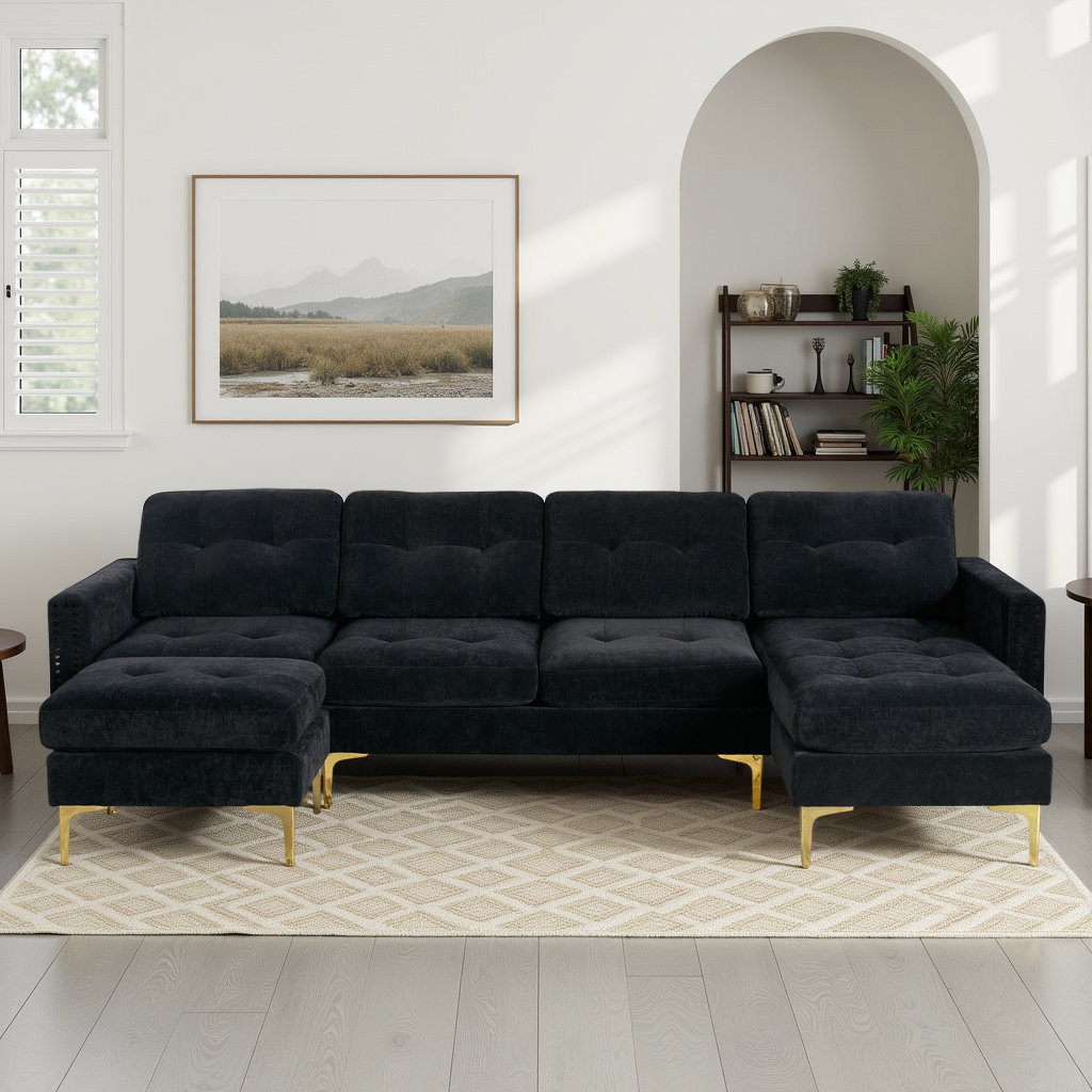 Mercer41 Modern Velvet L-Shaped Sectional Sofa with Storage Ottoman ...
