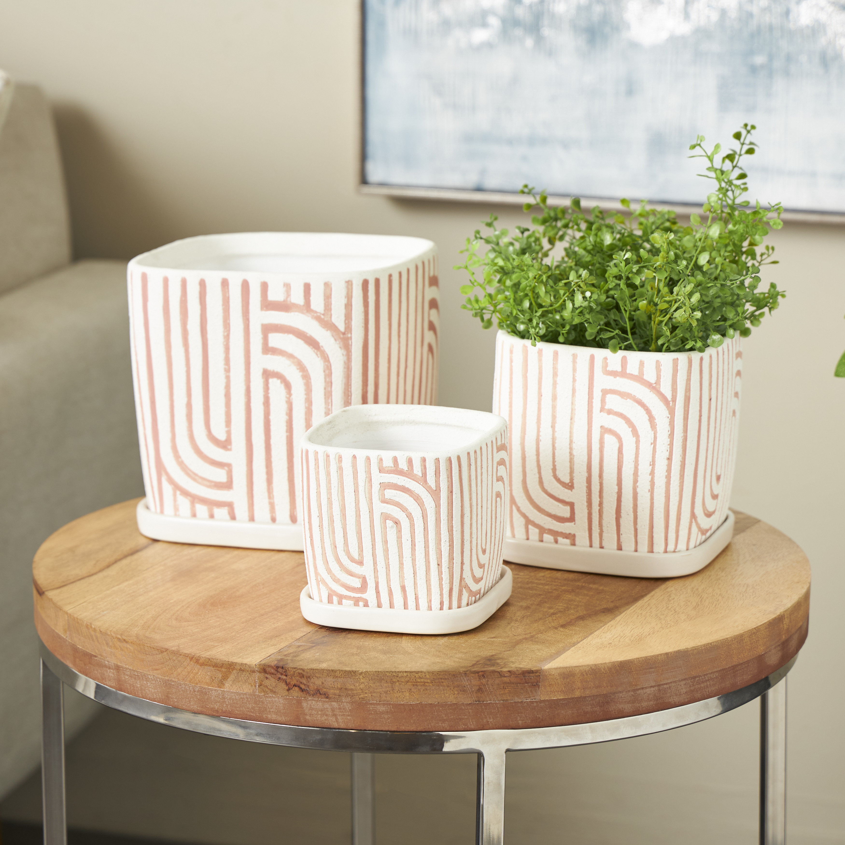 Orren Ellis Cole And Grey 3 Piece Ceramic Planter With Overlapping Pink ...
