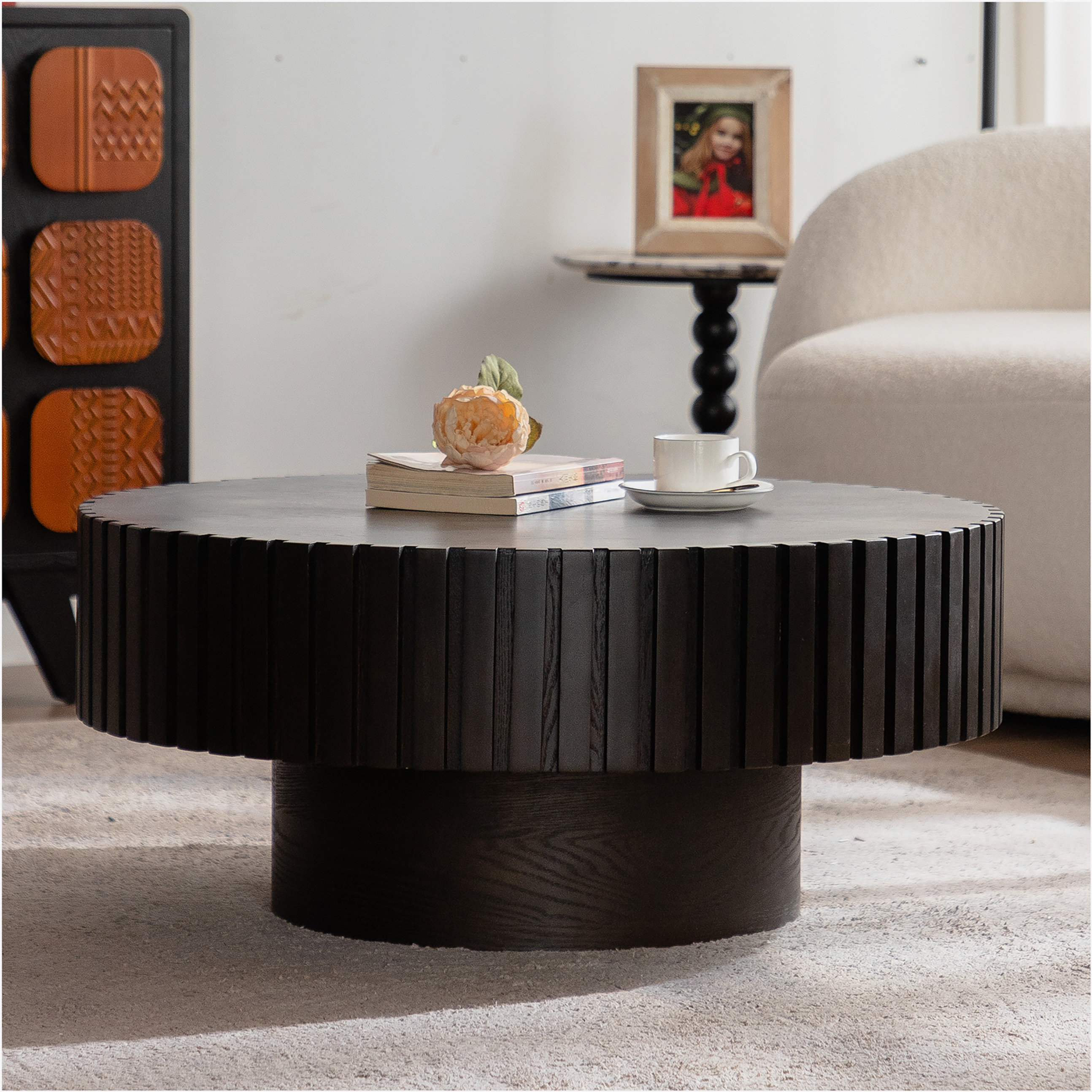 Latitude Run® Handcrafted Relief Round Wooden Coffee Table | Sturdy ...