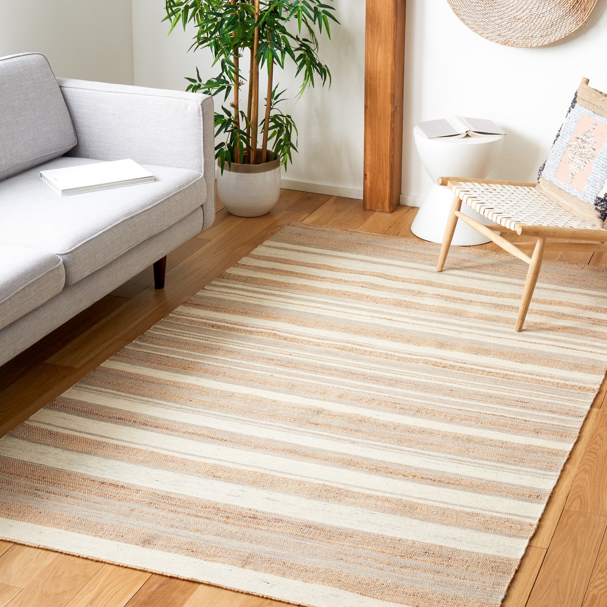 Highland Dunes Grice Hand Woven Jute/Wool Striped Rug in Natural/Ivory ...