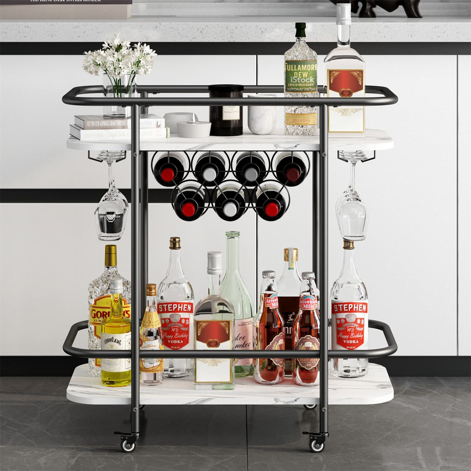 Latitude Run® Premium Black Metal Wine Bar Cart With Marble Wood ...