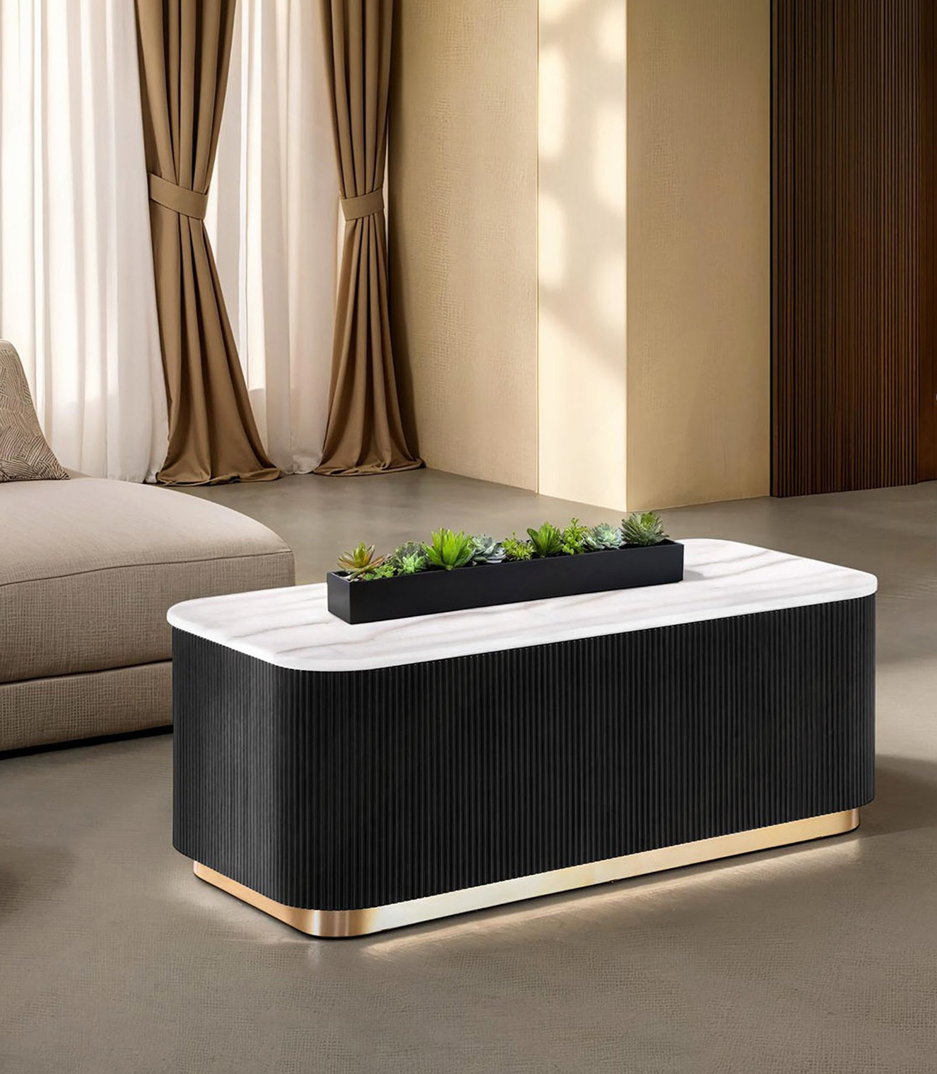 Ivy Bronx 1Pc Rectangle Cocktail Table Top Gold Accent Plinth Base ...