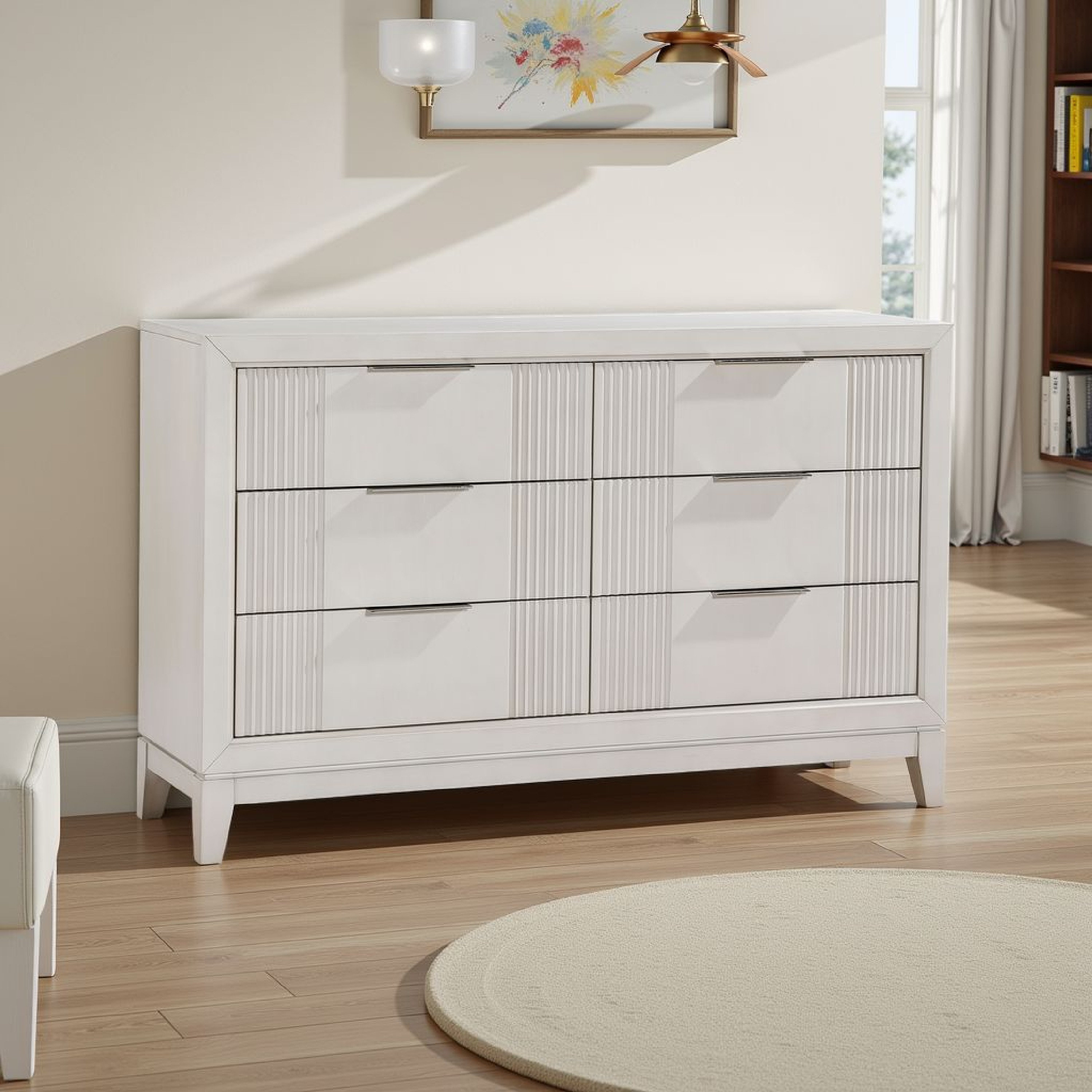 Benjara Flo 60 Inch Dresser, 6 Drawers, Antique White Wood, Chrome ...