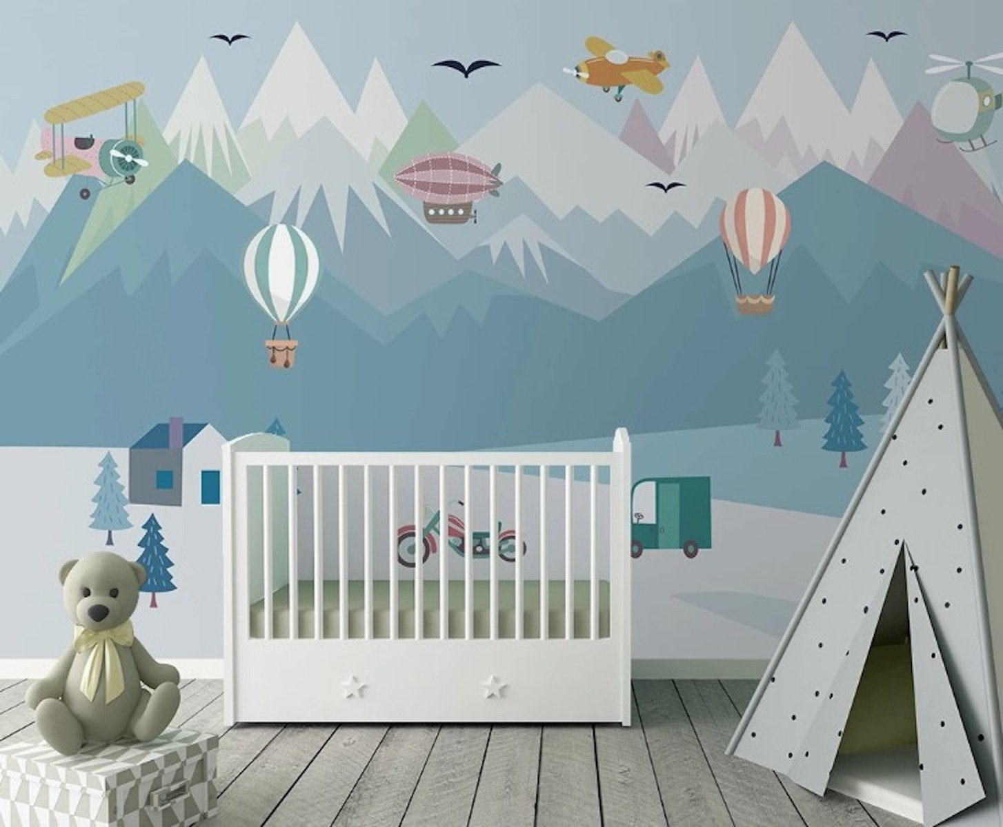 Millwood Pines Row Of Mountains Cars Aircraft And Air Balloons ...