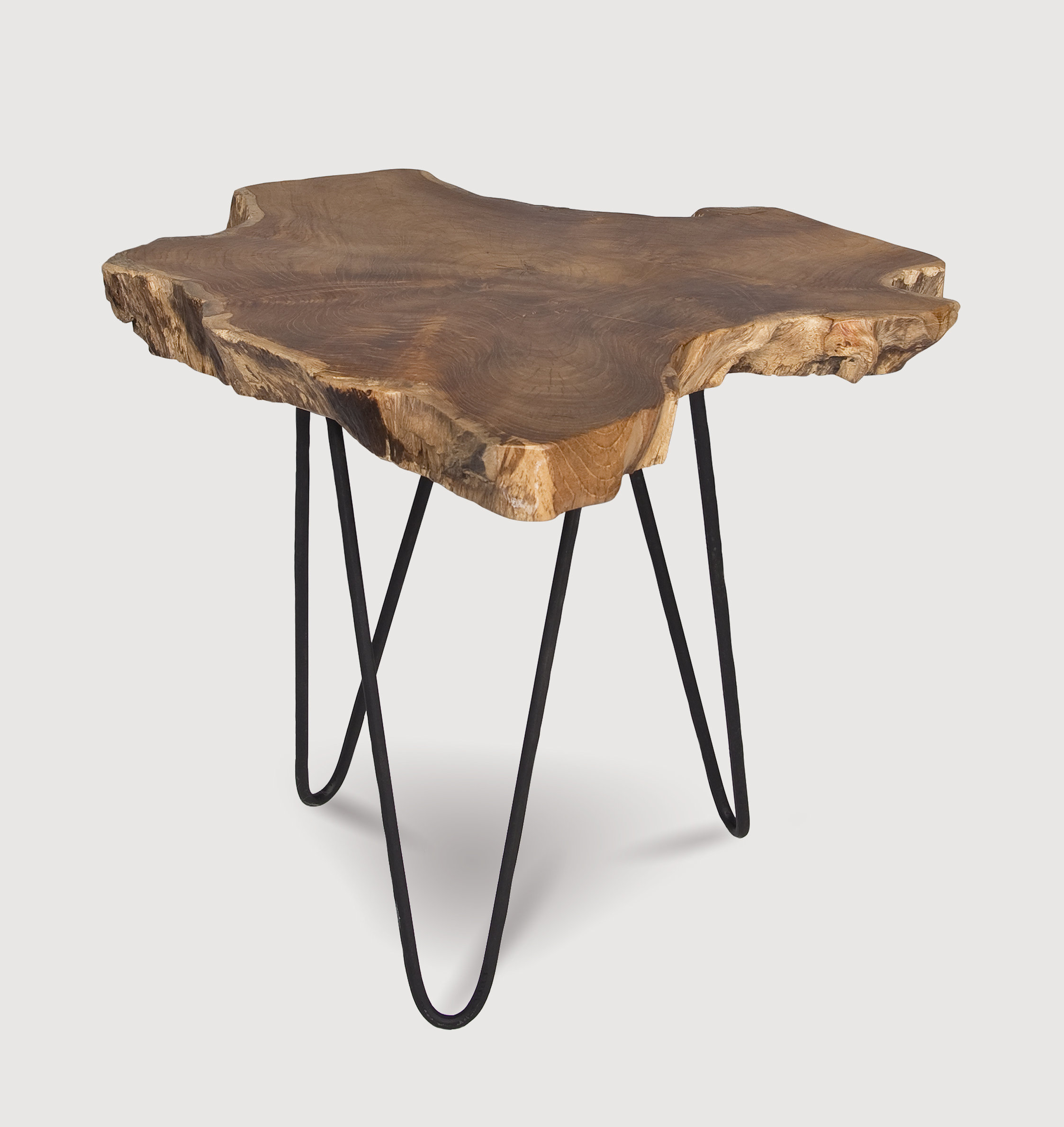 Millwood Pines Solid Wood Slab Organic Teak End Table with Black Metal ...