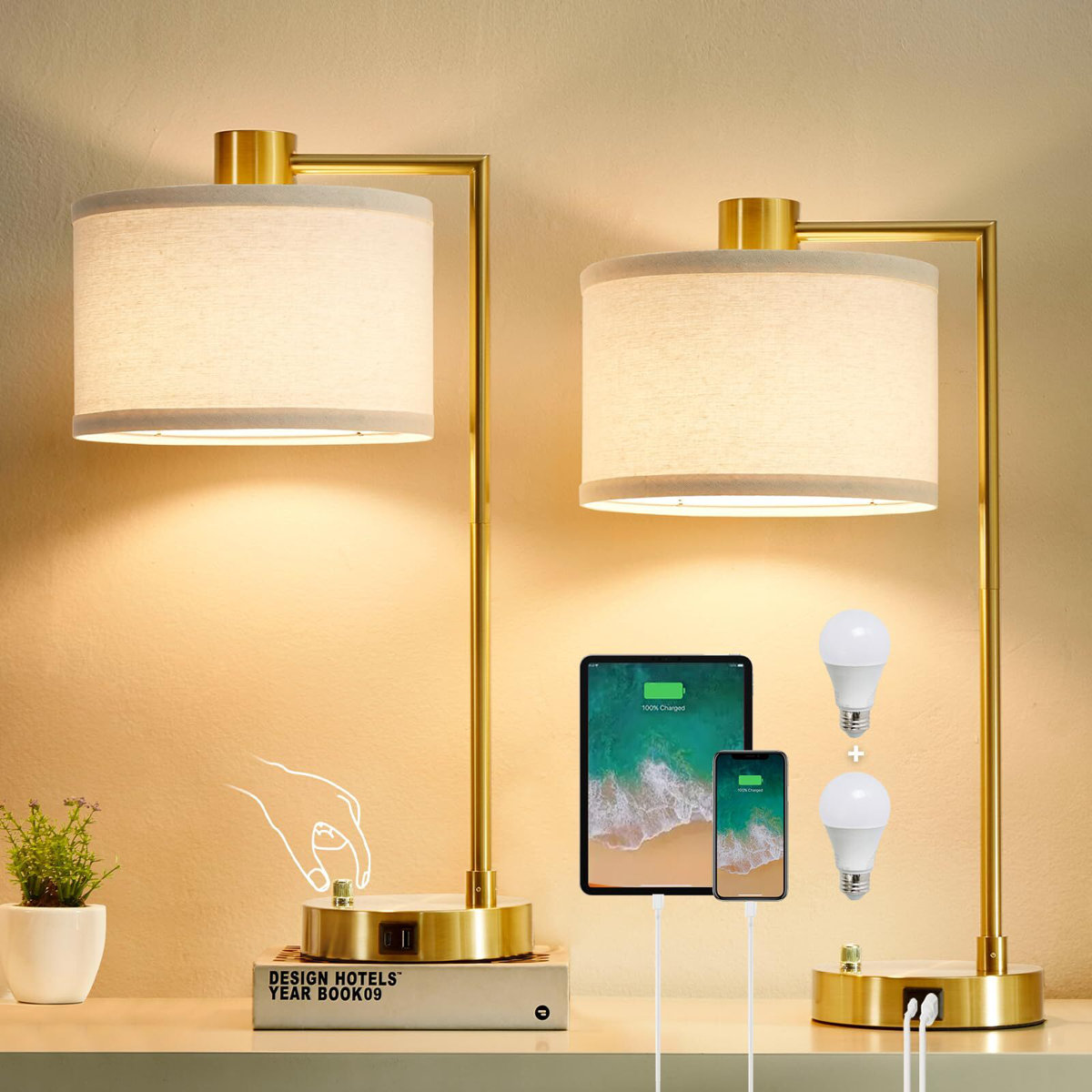 Mercer41 Navreet Table Lamp Set with USB C+A Charging Ports Fully ...