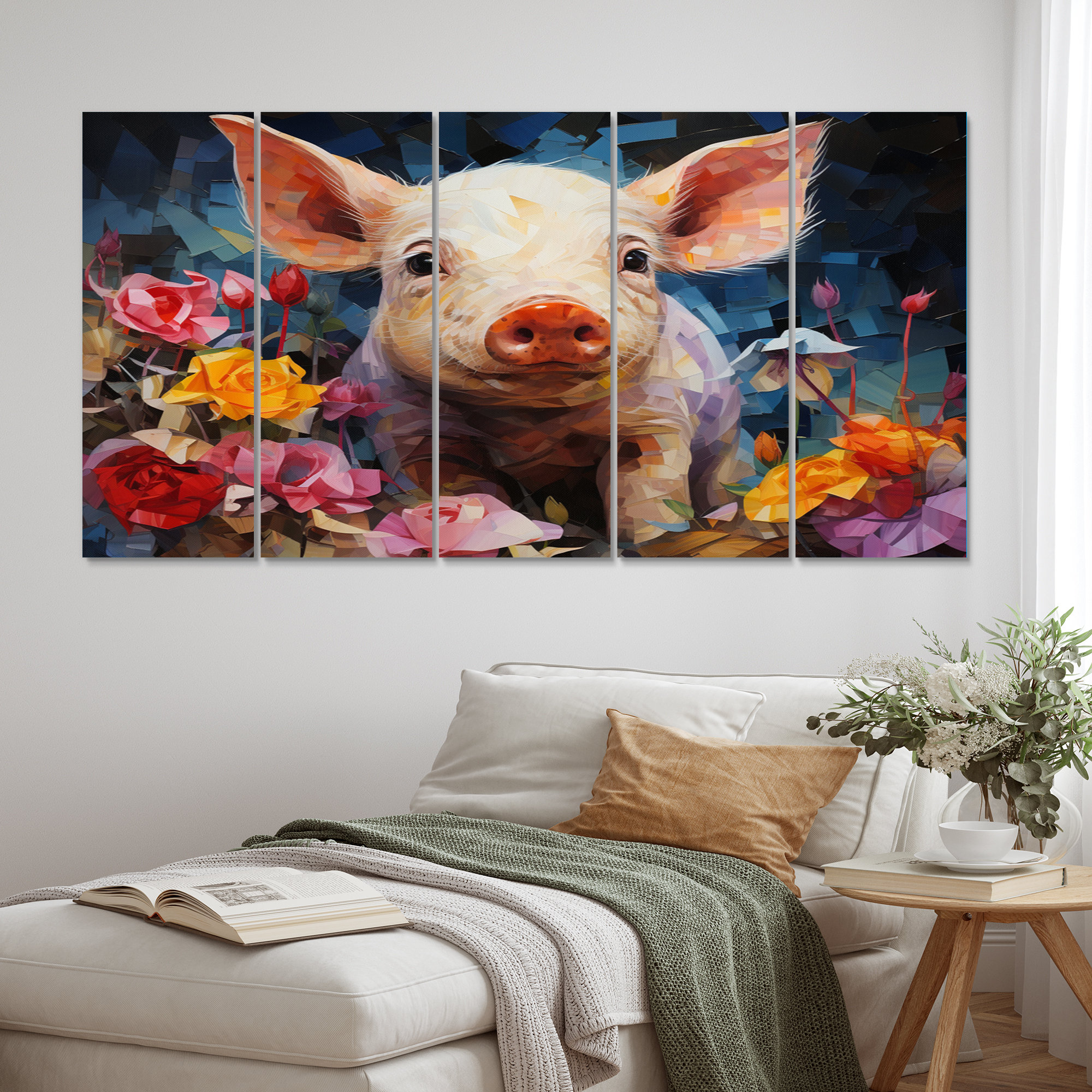 August Grove® Pink Curious Piglet Collage - 5 Piece Wrapped Canvas ...