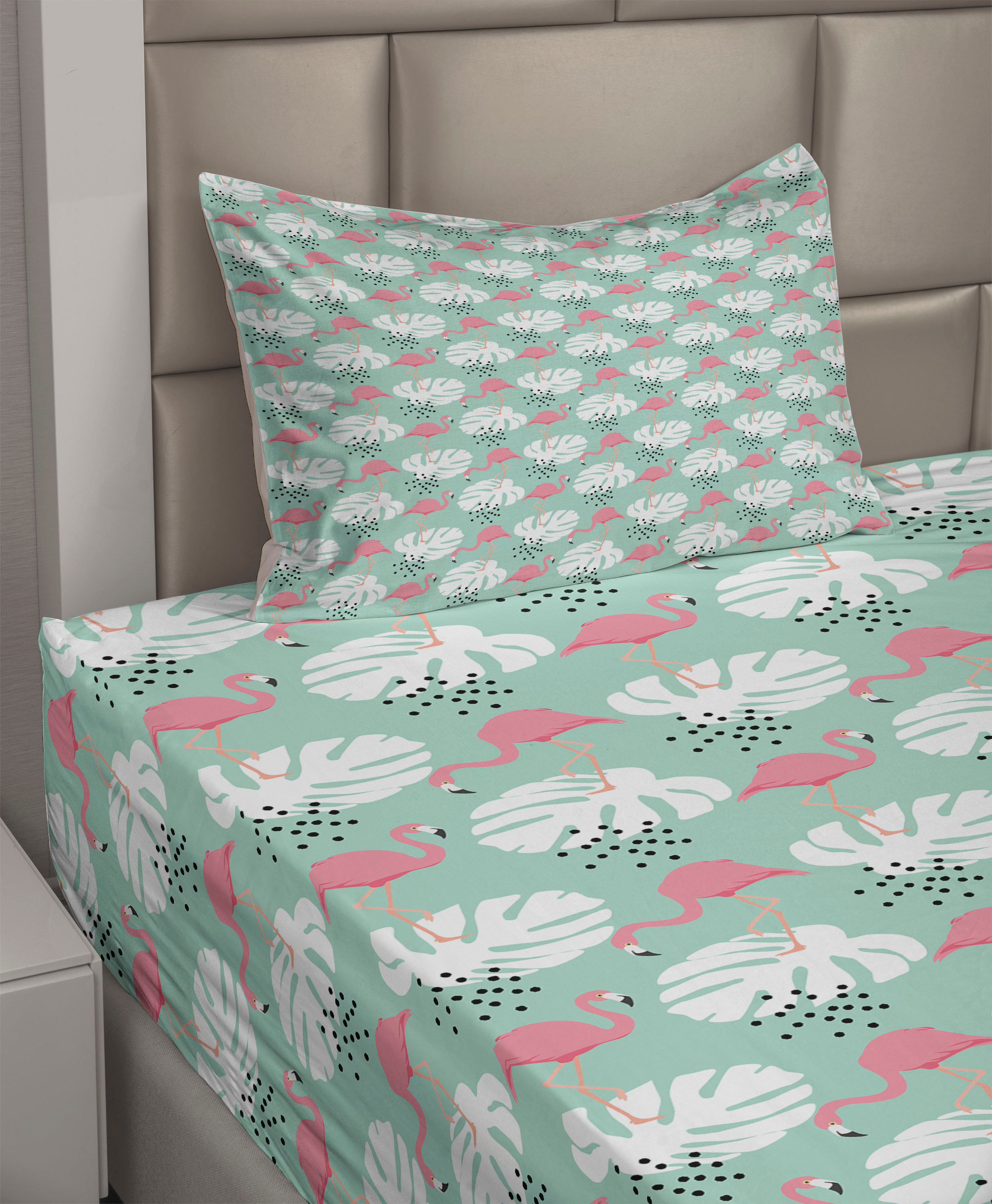 Ambesonne Tropical Sheet Set Flamongos Monsteras Plot Mint Green and ...