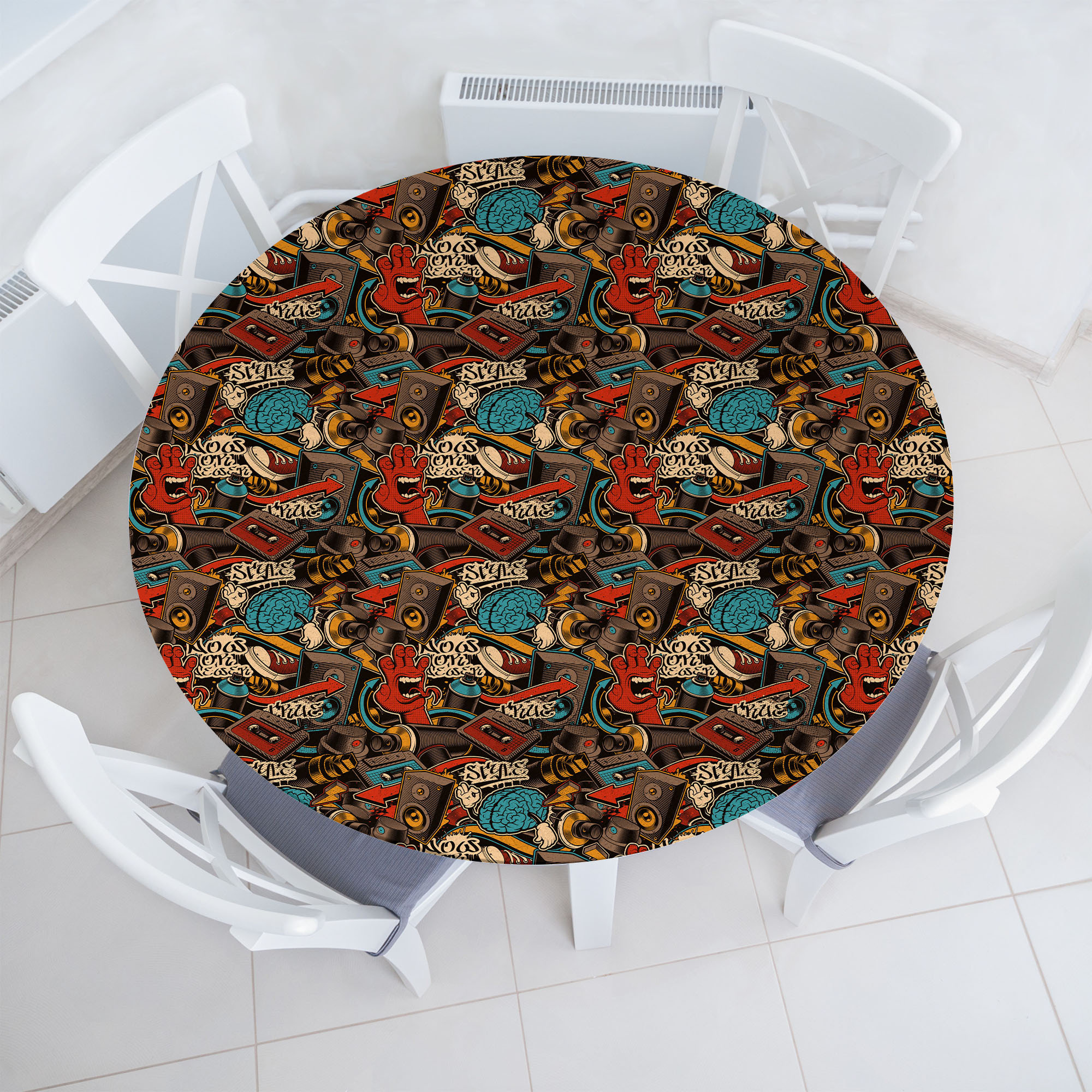 Wrought Studio™ Graffiti Fitted Round Tablecloth Charcoal Grey ...