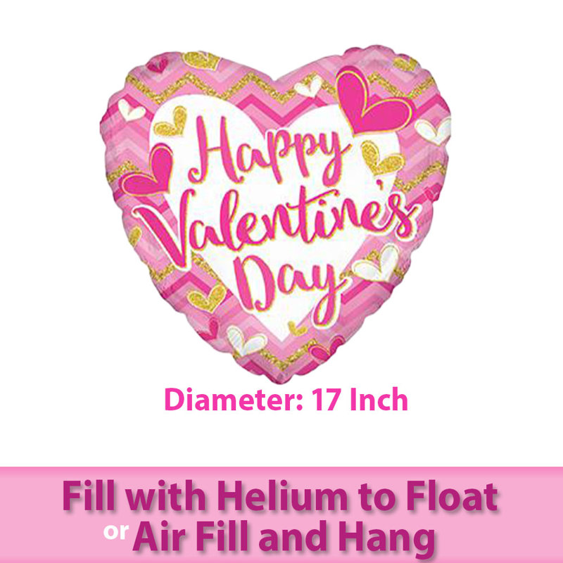 PMU Heart Shaped Valentines Day Balloons 18-inch Mylar (Pink Chevron ...