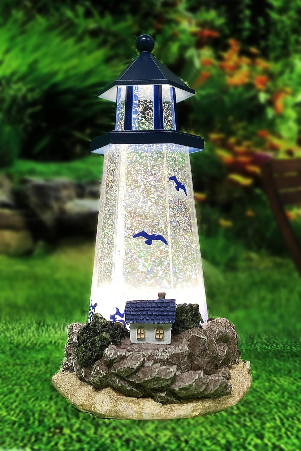 Moments in Time 11.5”H Acrylic Lighthouse - LED, Water Spinning Glitter ...