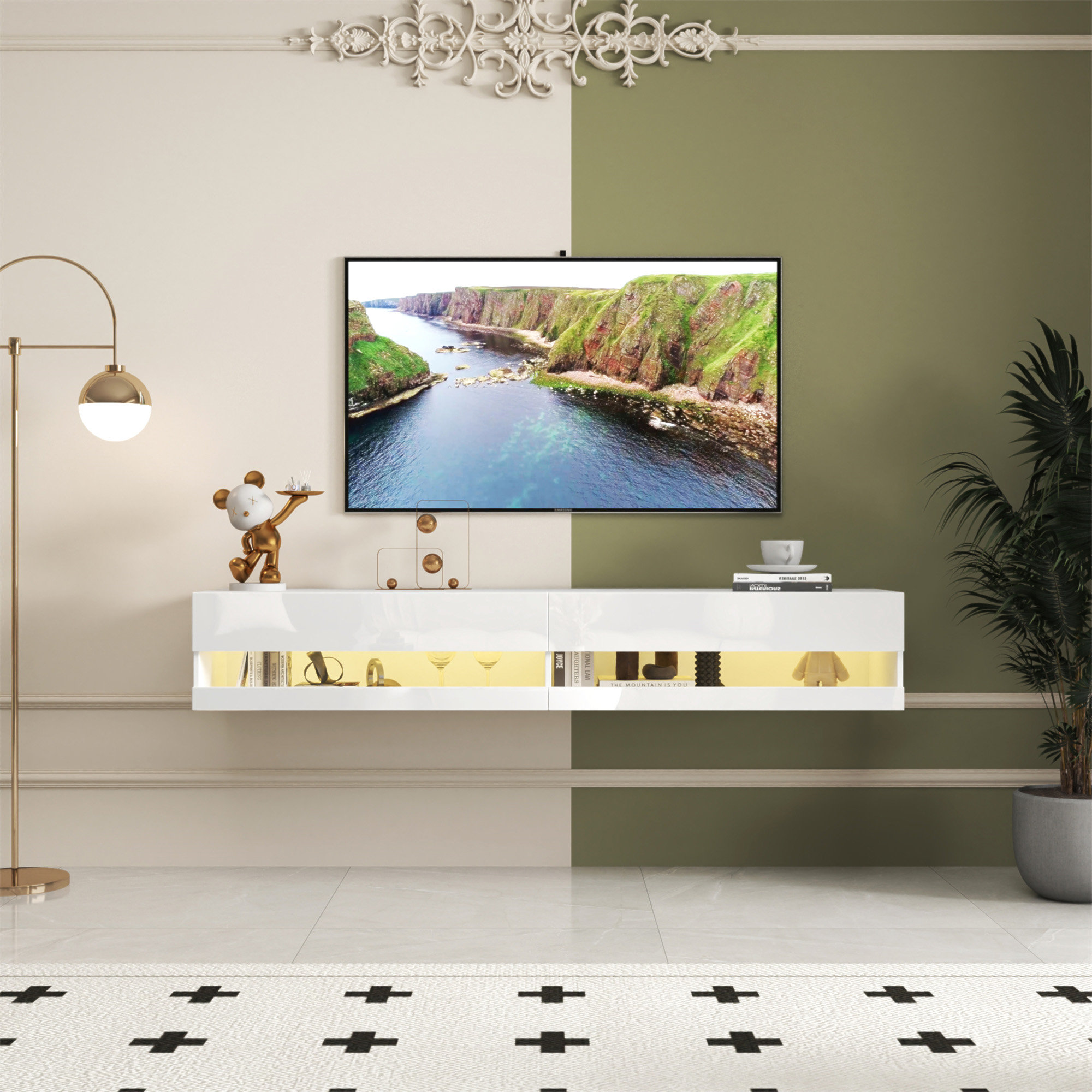 Ivy Bronx 180 Wall Mounted Floating 80" TV Stand With 20 Color Leds And ...
