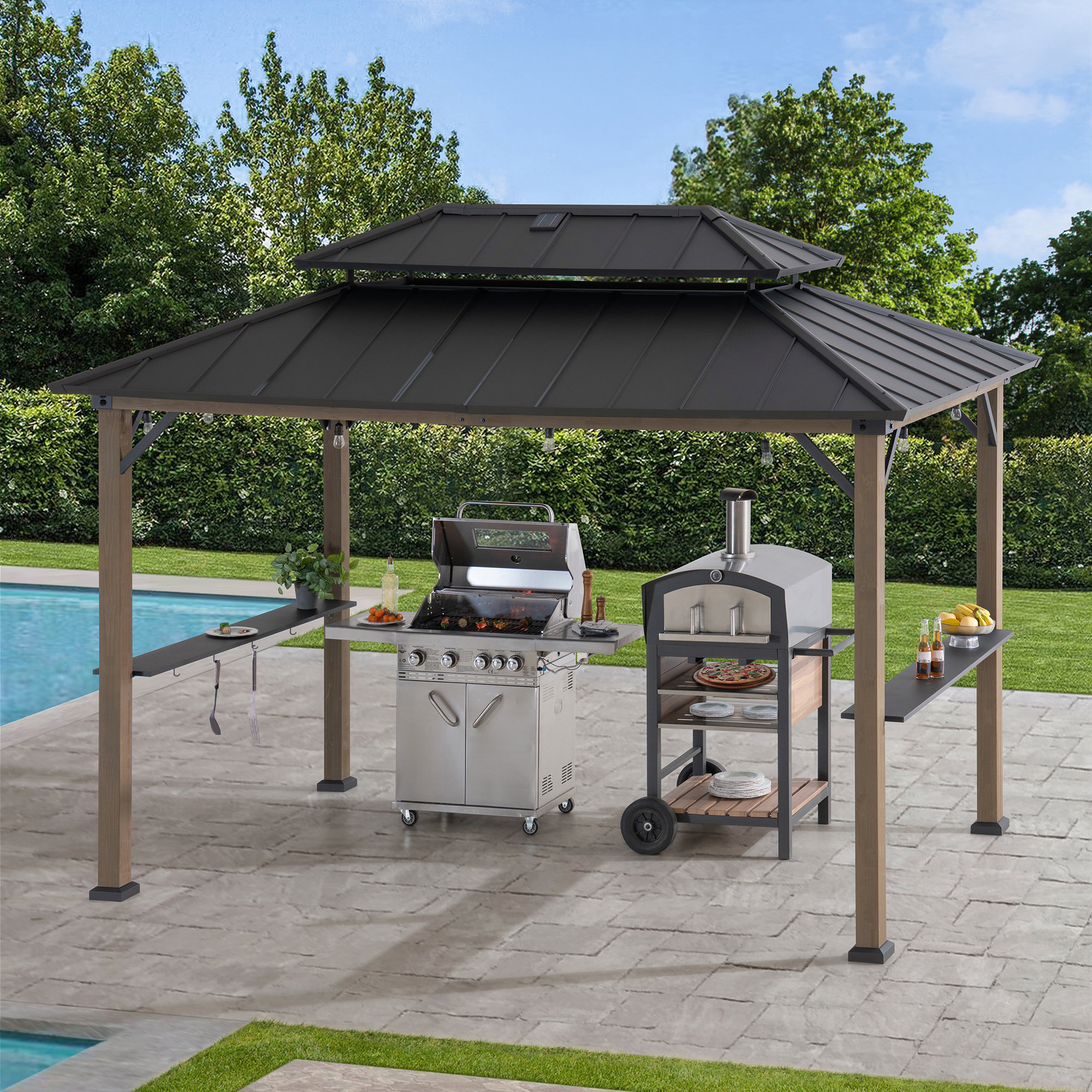Sunjoy Wooden Grill Gazebo, 8 x 12 ft. Steel Hardtop Gazebo with Solar ...