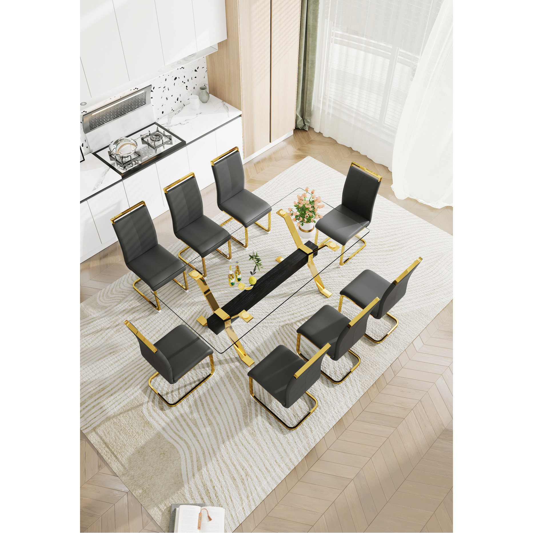 Mercer41 Transparent Work Table With Crossbar And Metal Legs, Tempered ...