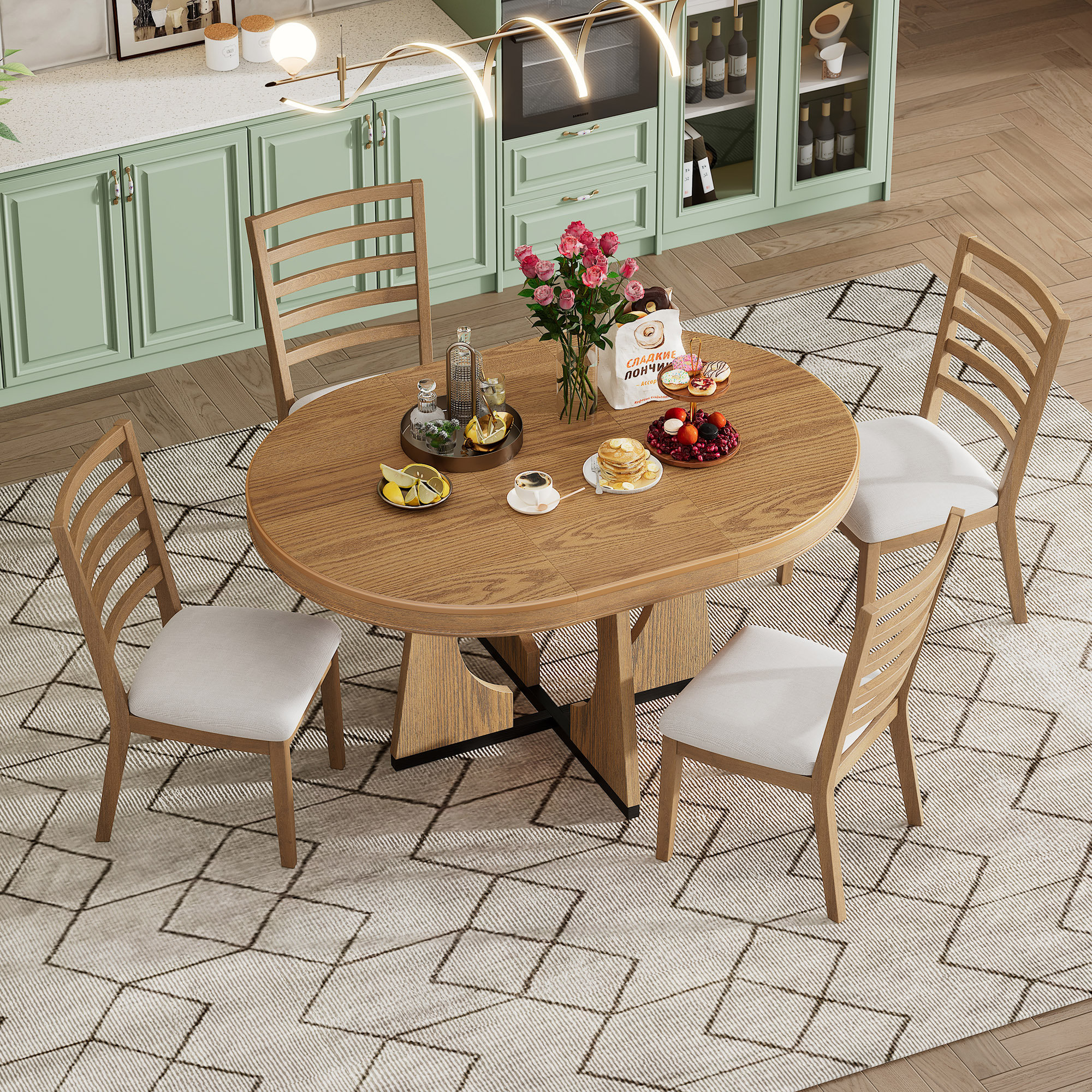 Gracie Oaks Round Dining Table For 4 With Chairs Set, Extendable Dining ...