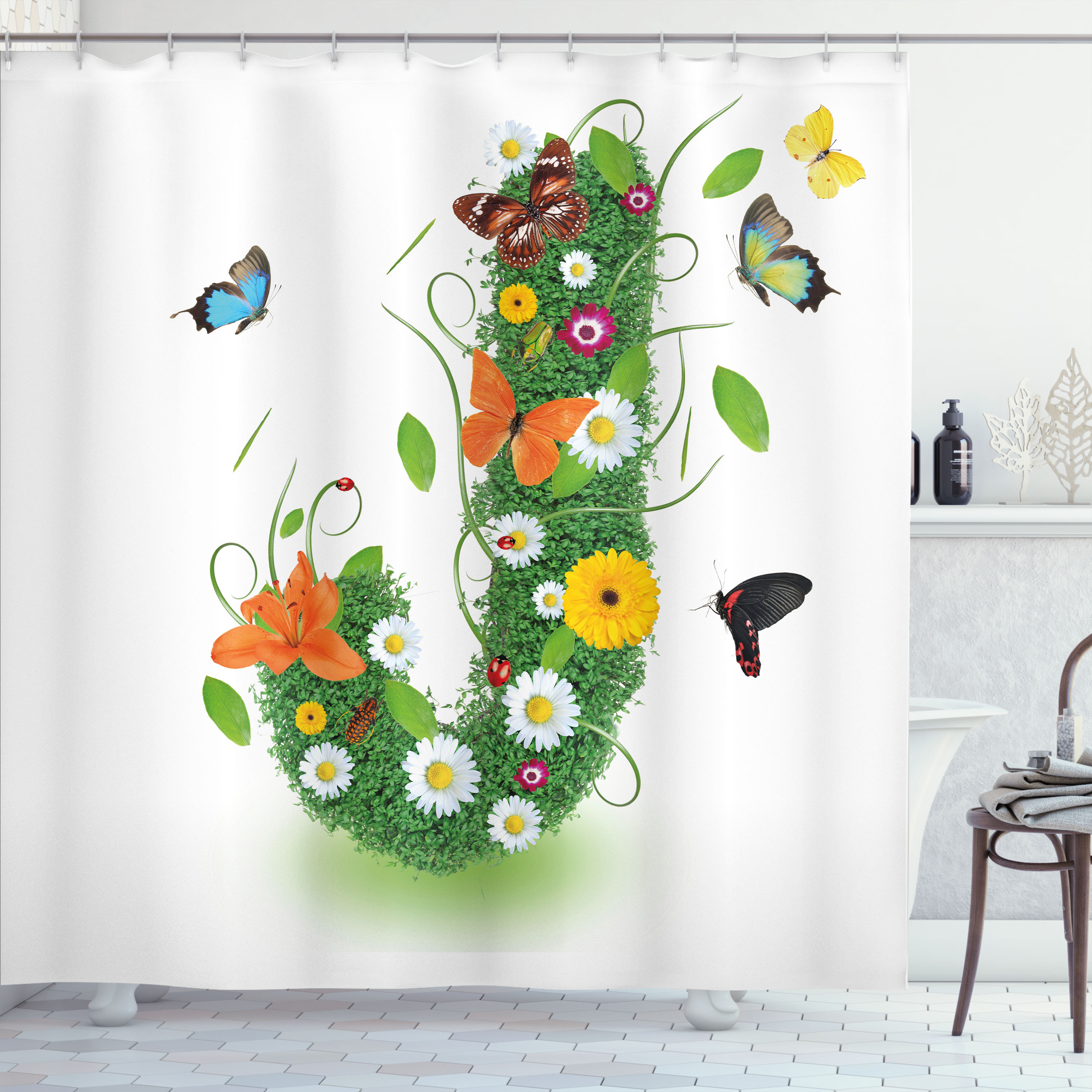 East Urban Home Letter J Shower Curtain Butterfly Flourish Multicolor ...
