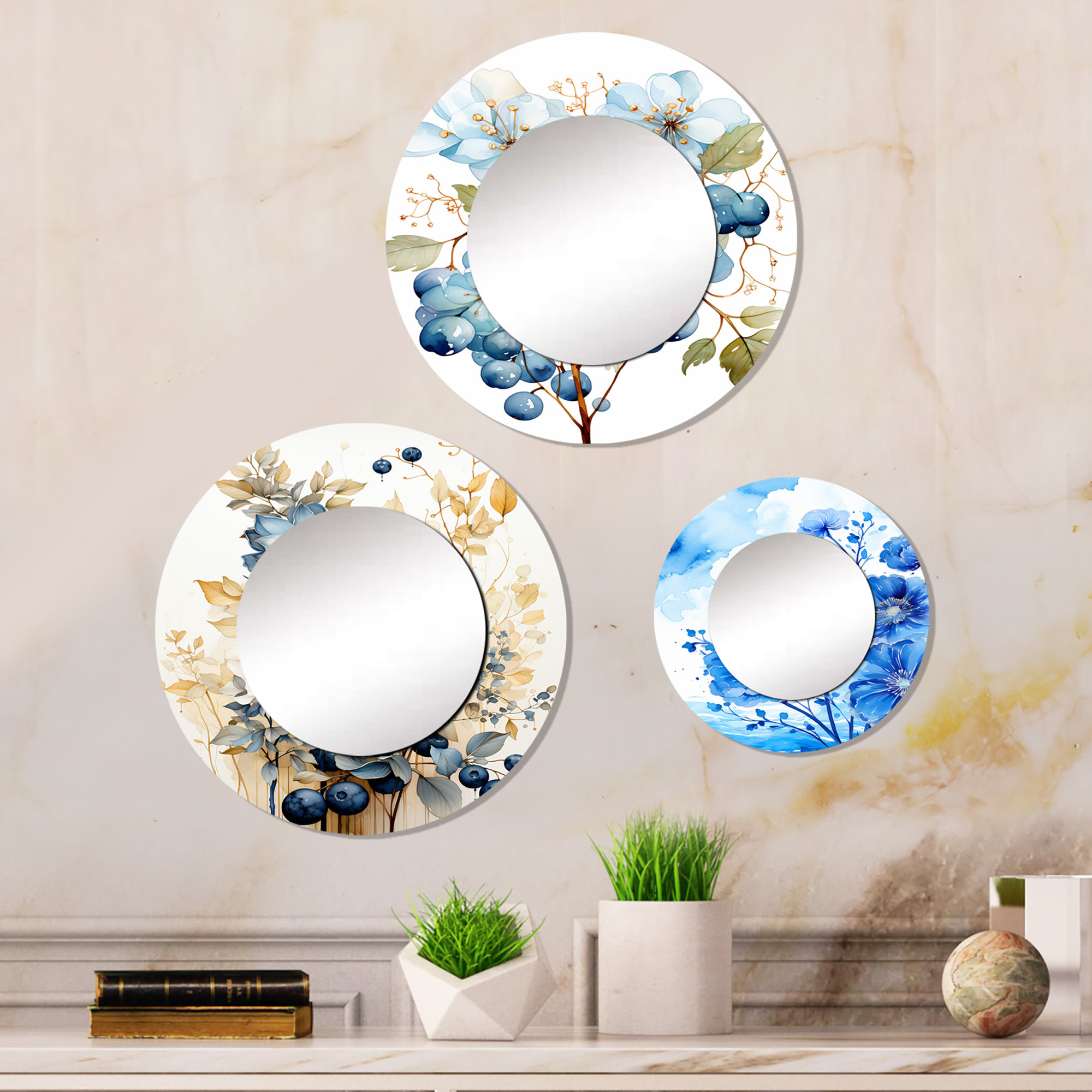 Red Barrel Studio Nalea - Round Mirror On Glossy Flowers Metal Decor Set Of 3 - Wayfair Canada
