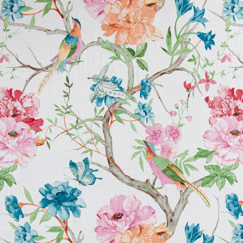 HiEnd Accents Rowan Garden Green Washed Linen Watercolor Floral Bird ...