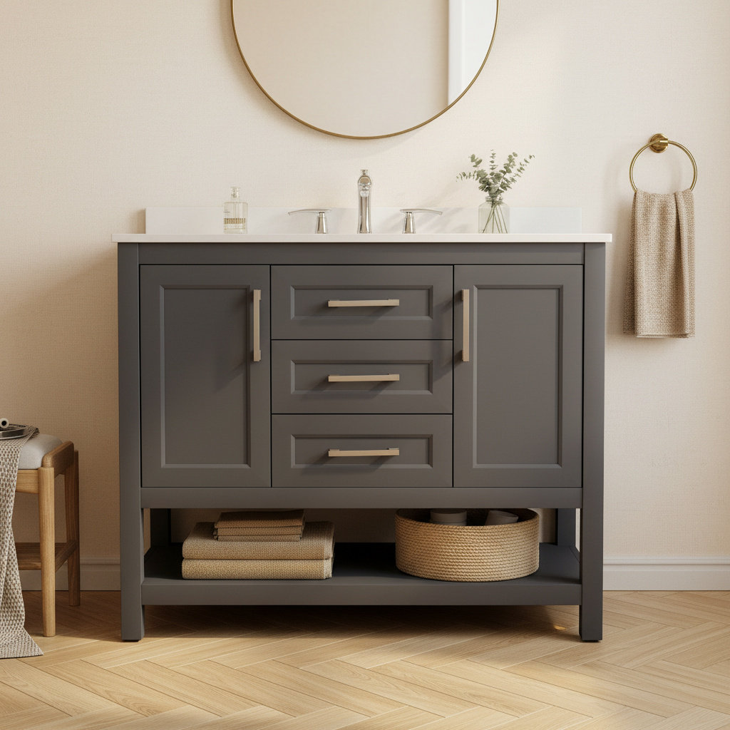 Ebern Designs Single Sink Bathroom Vanity With Bombay White Engineered ...